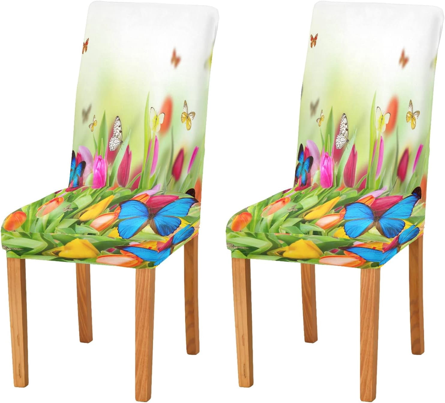 Spring Tulip Flowers Butterflies Dining Room Chair Covers Summer Floral ...