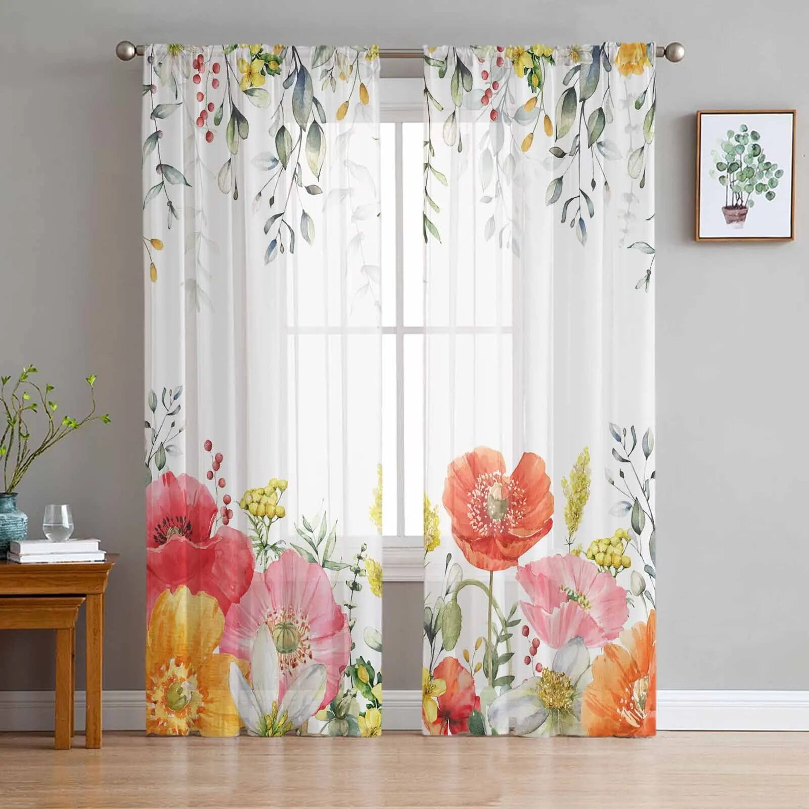 Spring Tulip Flowers Leaves Tulle Curtains for Living Room Bedroom ...