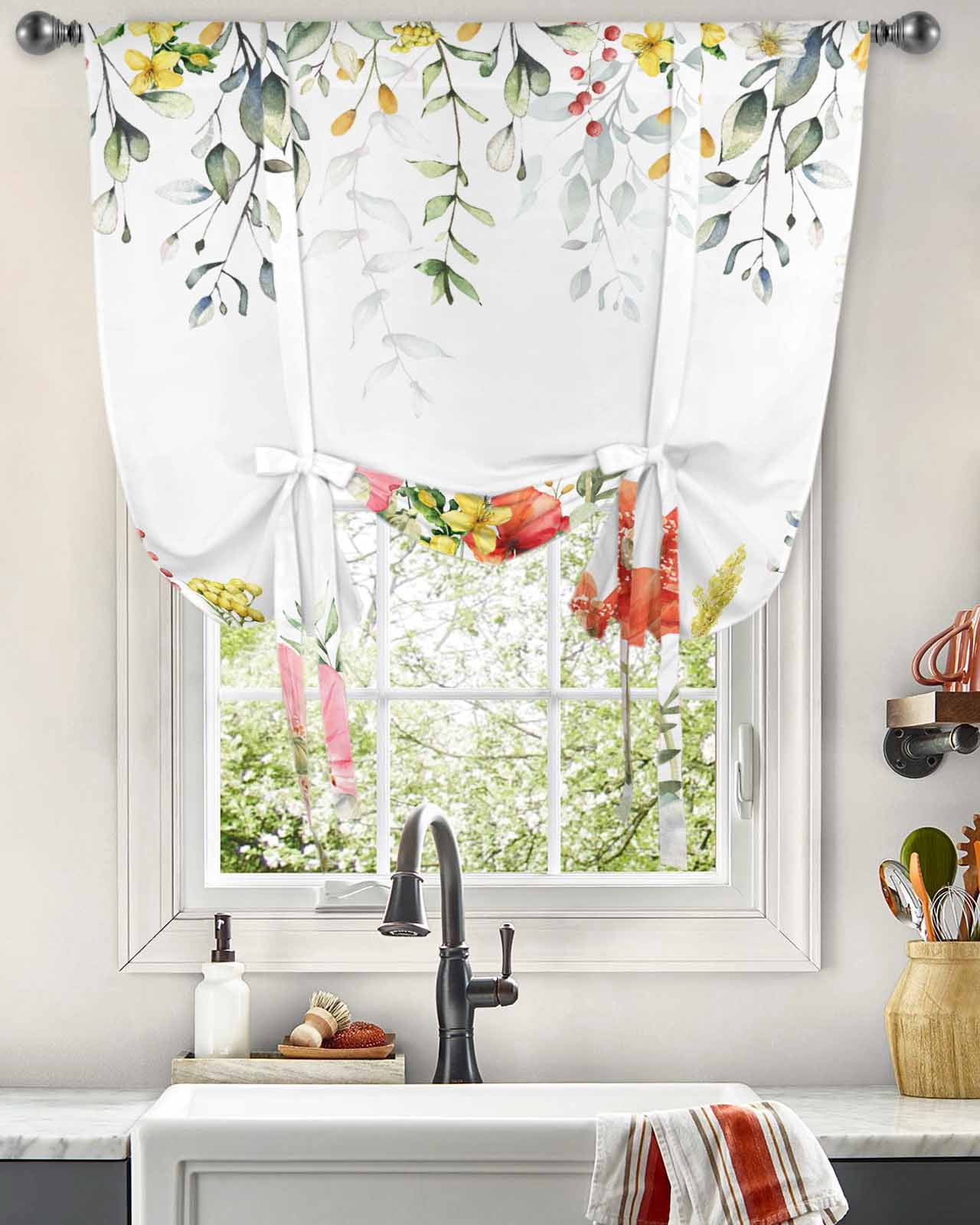Spring Tulip Flowers Leaves Window Curtains Tie Up Curtains for Kitchen ...