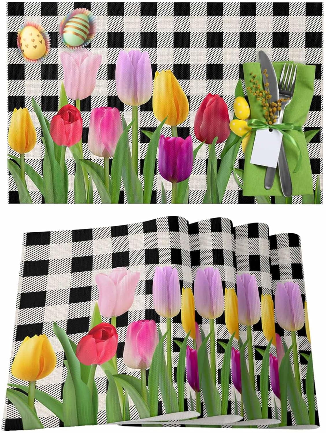 Spring Tulip Garden Placemats Set of 6, Mothers Day Buffalo Plaid Non ...
