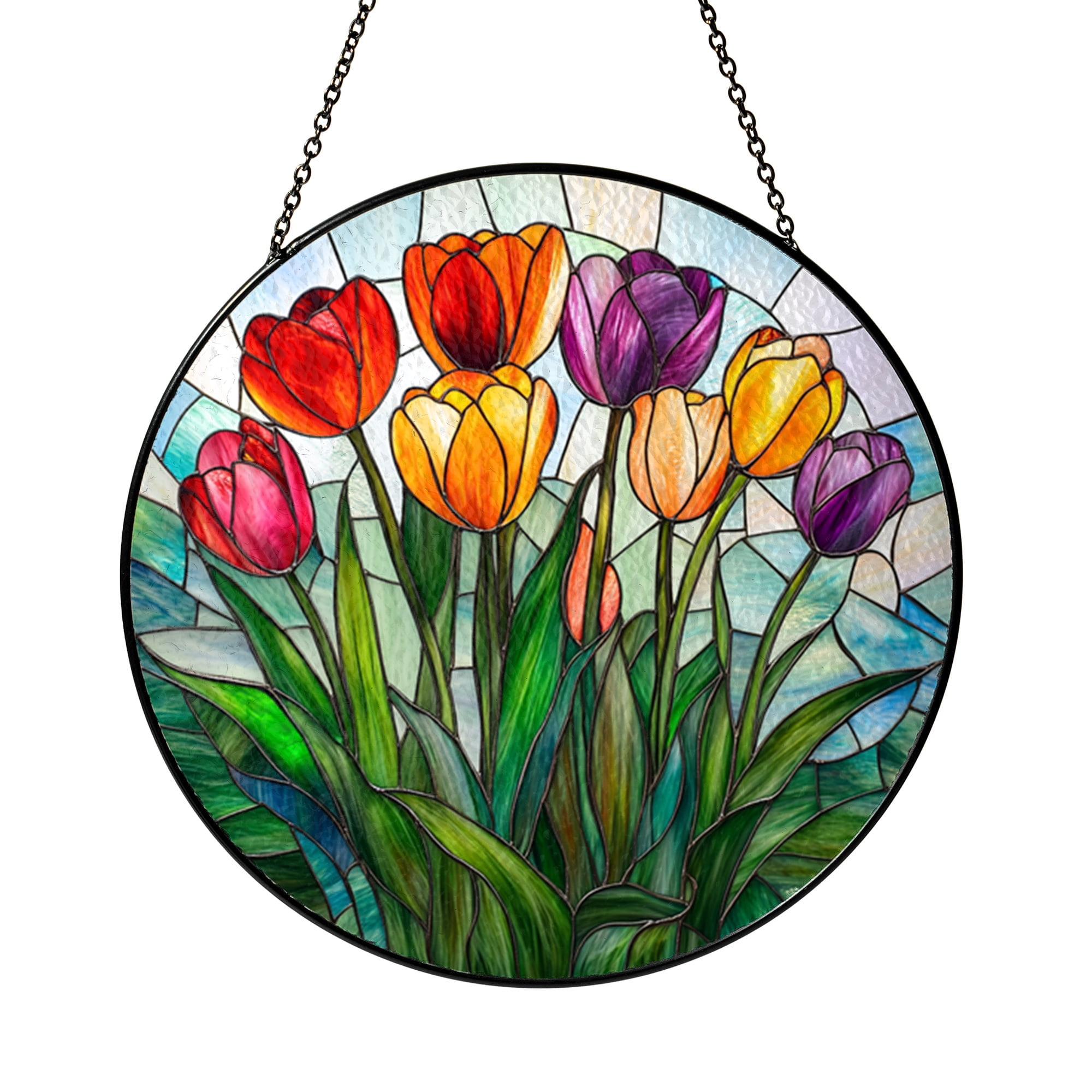 Spring Tulip Garden Stained Glass Suncatcher, Decorative Window Hanging ...