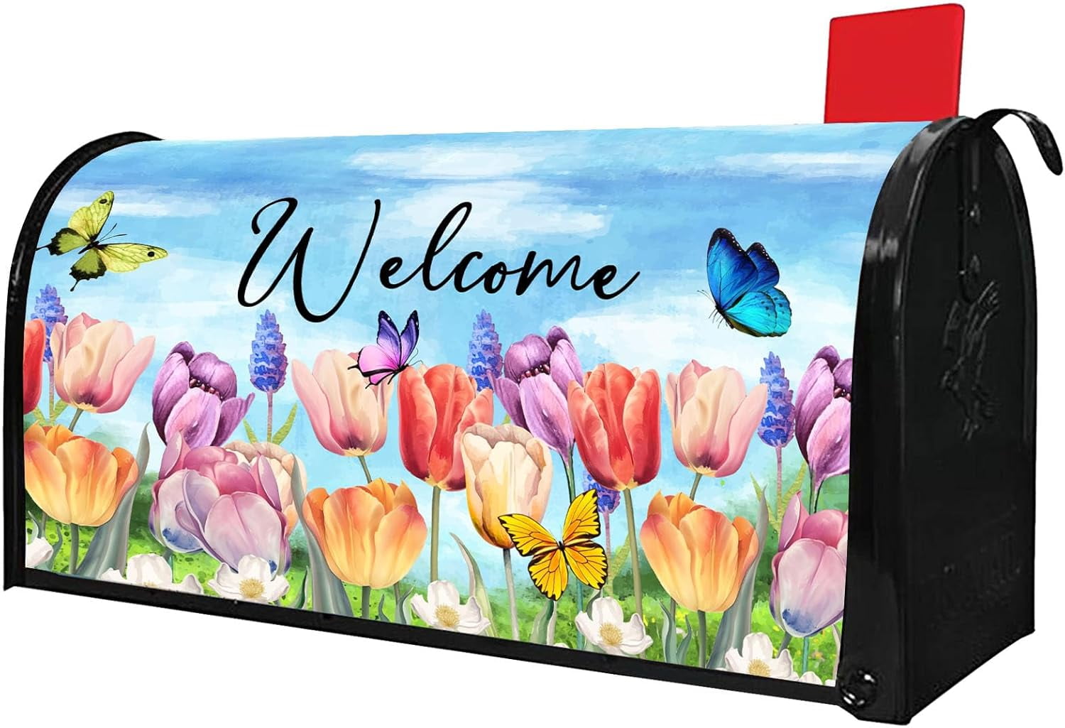 Spring Tulip Lavender Butterfly Mailbox Covers, Magnetic Post Box Cover ...