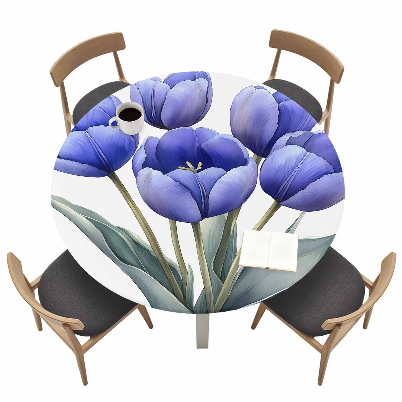 Spring Tulip Round Fitted Tablecloth with Elastic Edge Watercolor ...