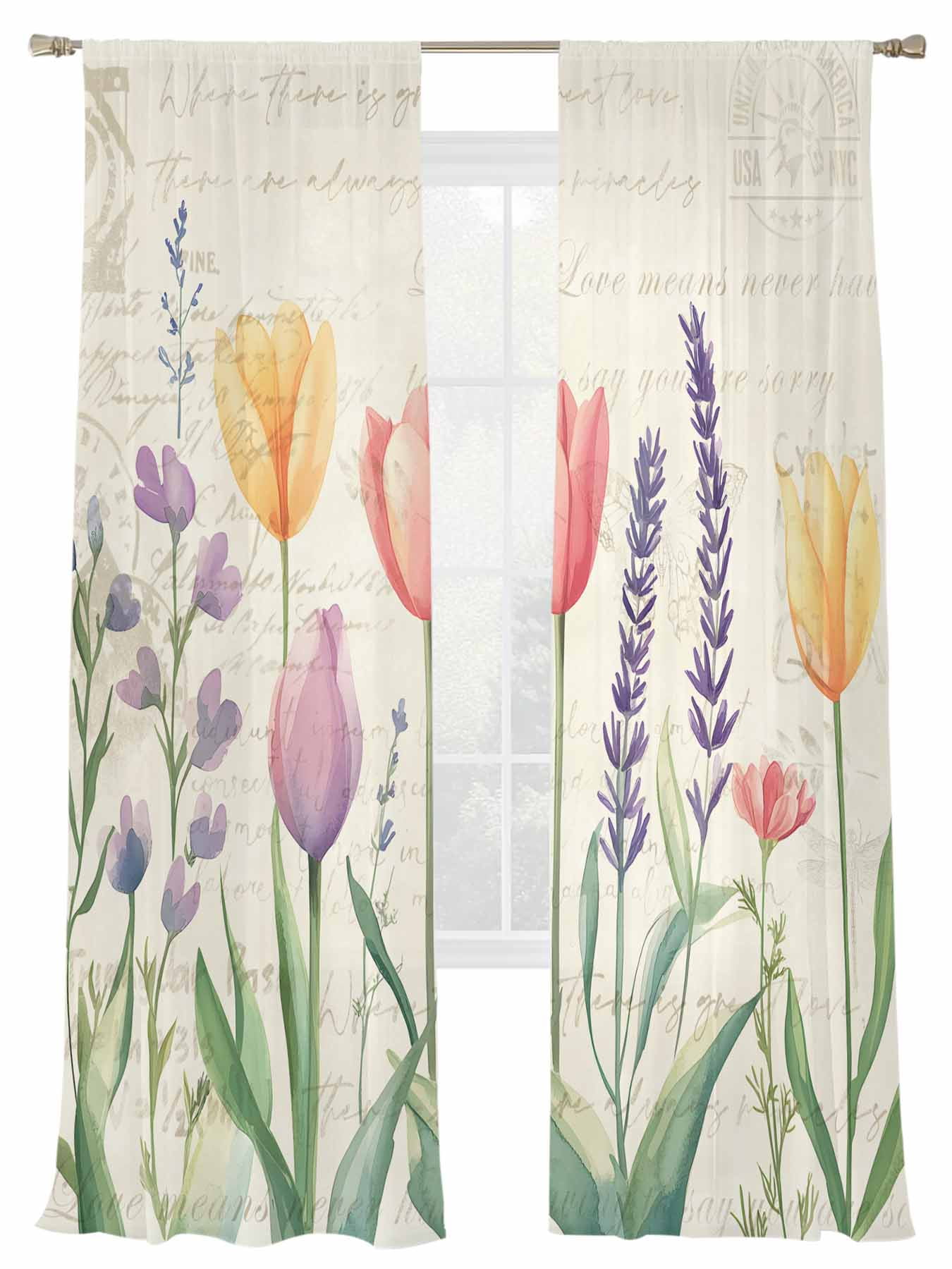 Spring Tulip Sheer Curtains 108 Inch Long 2 Panels, Colored Flower ...