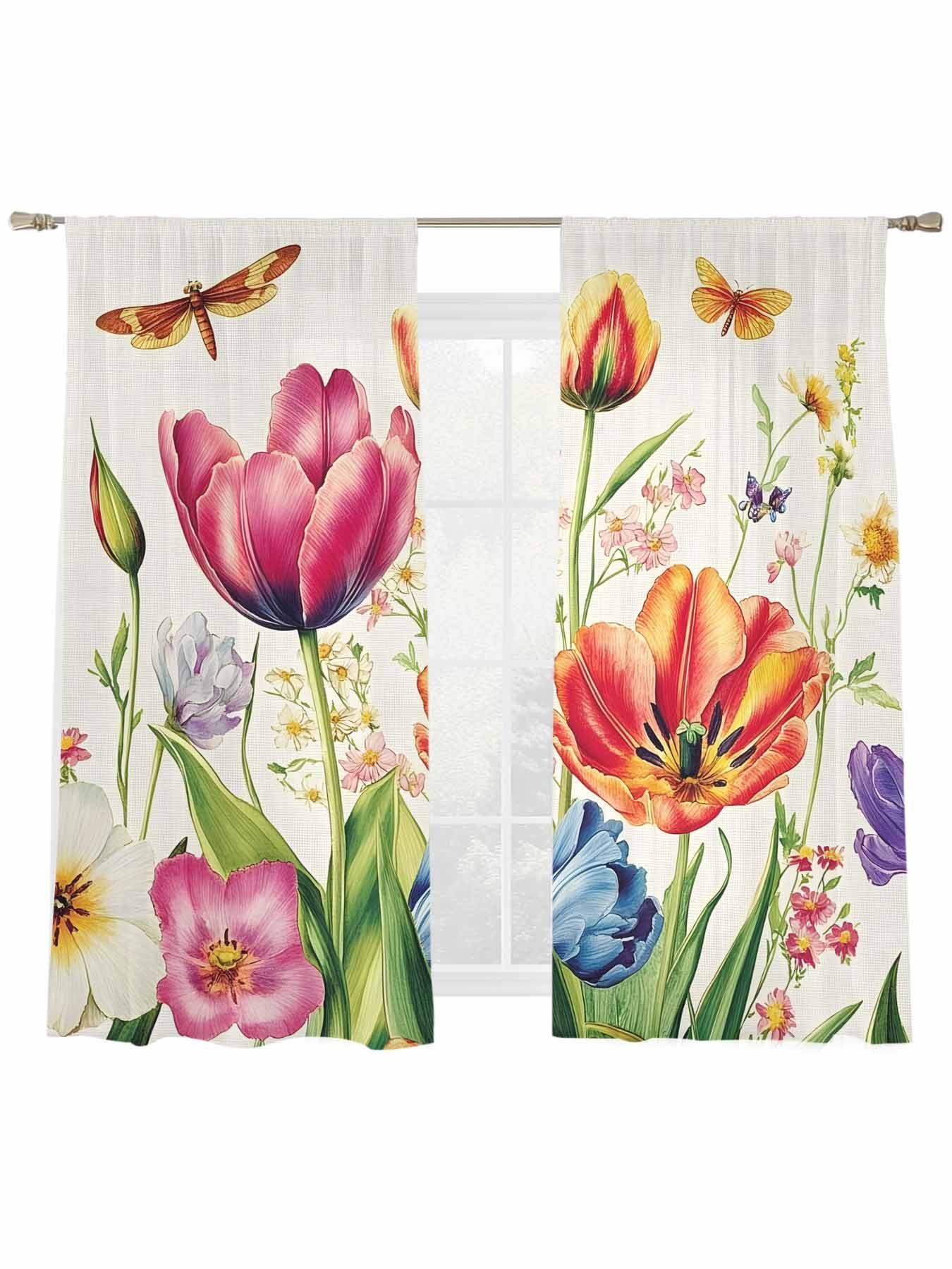 Spring Tulips Sheer Curtains 2 Panels Set Dragonfly Flower Sheer Window ...