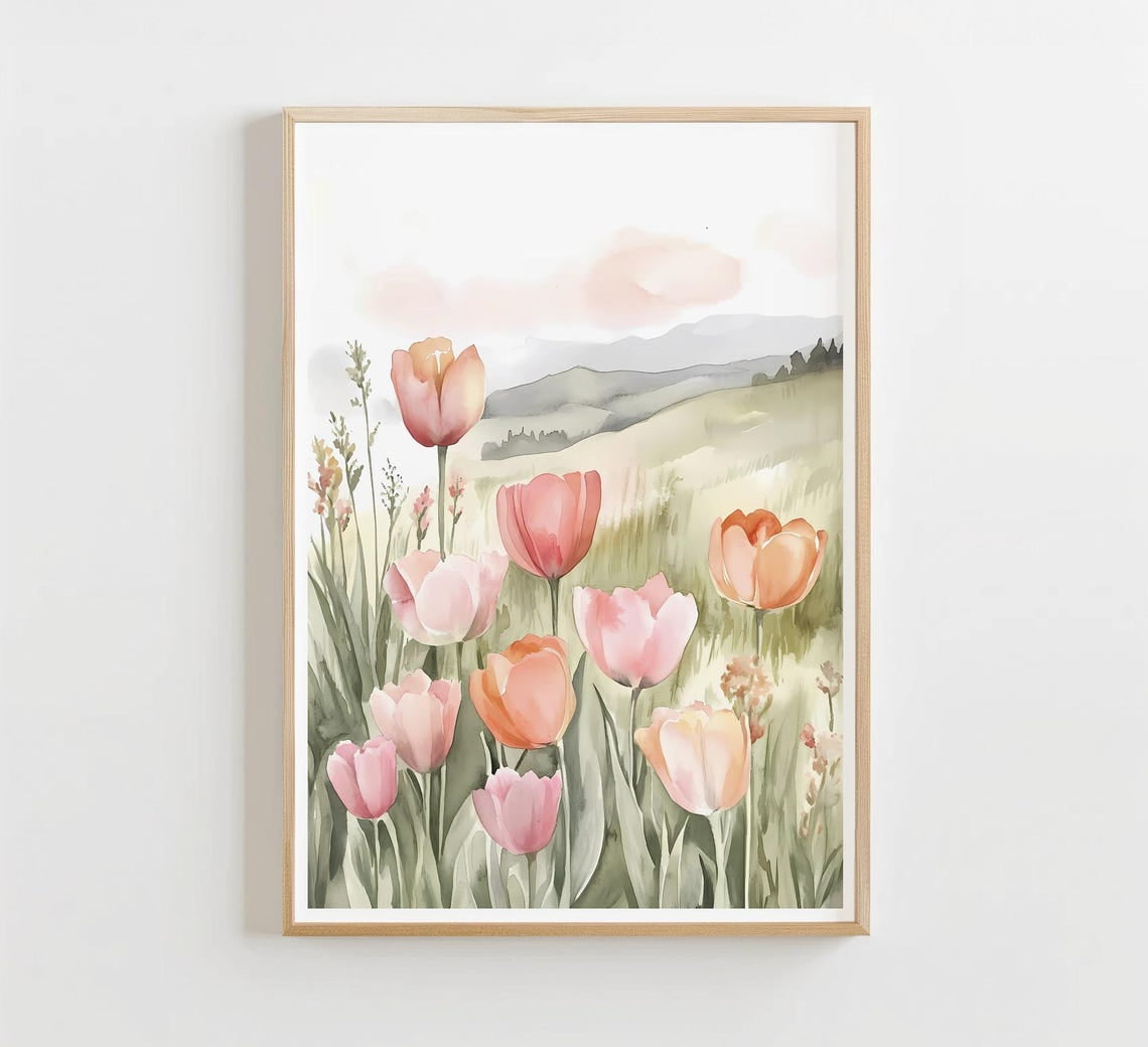 Spring Tulips Watercolor Painting Print, Pastel Flowers Nature Poster ...