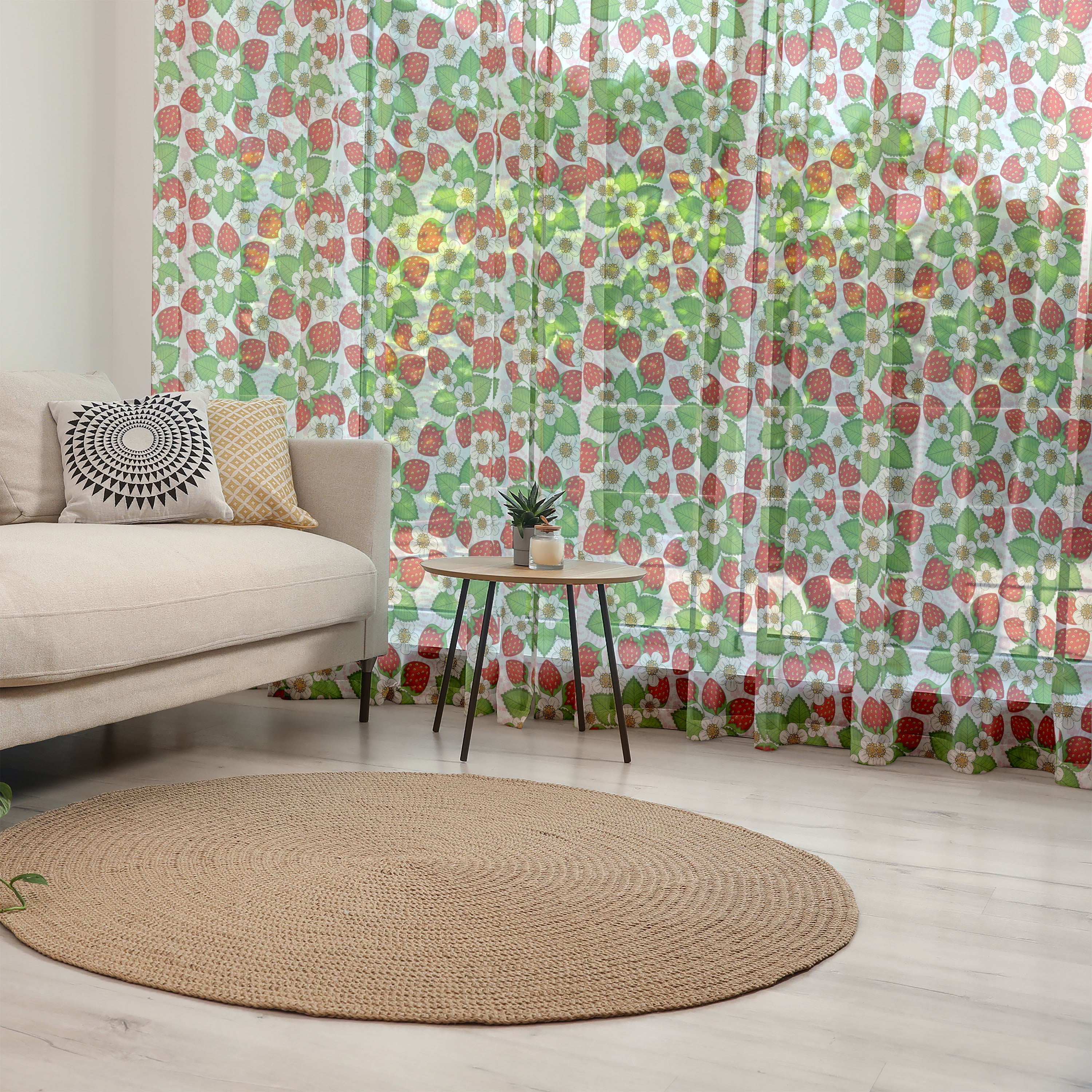 Spring Tulle Curtains with Rod Pocket, Floral Pattern with Strawberries ...