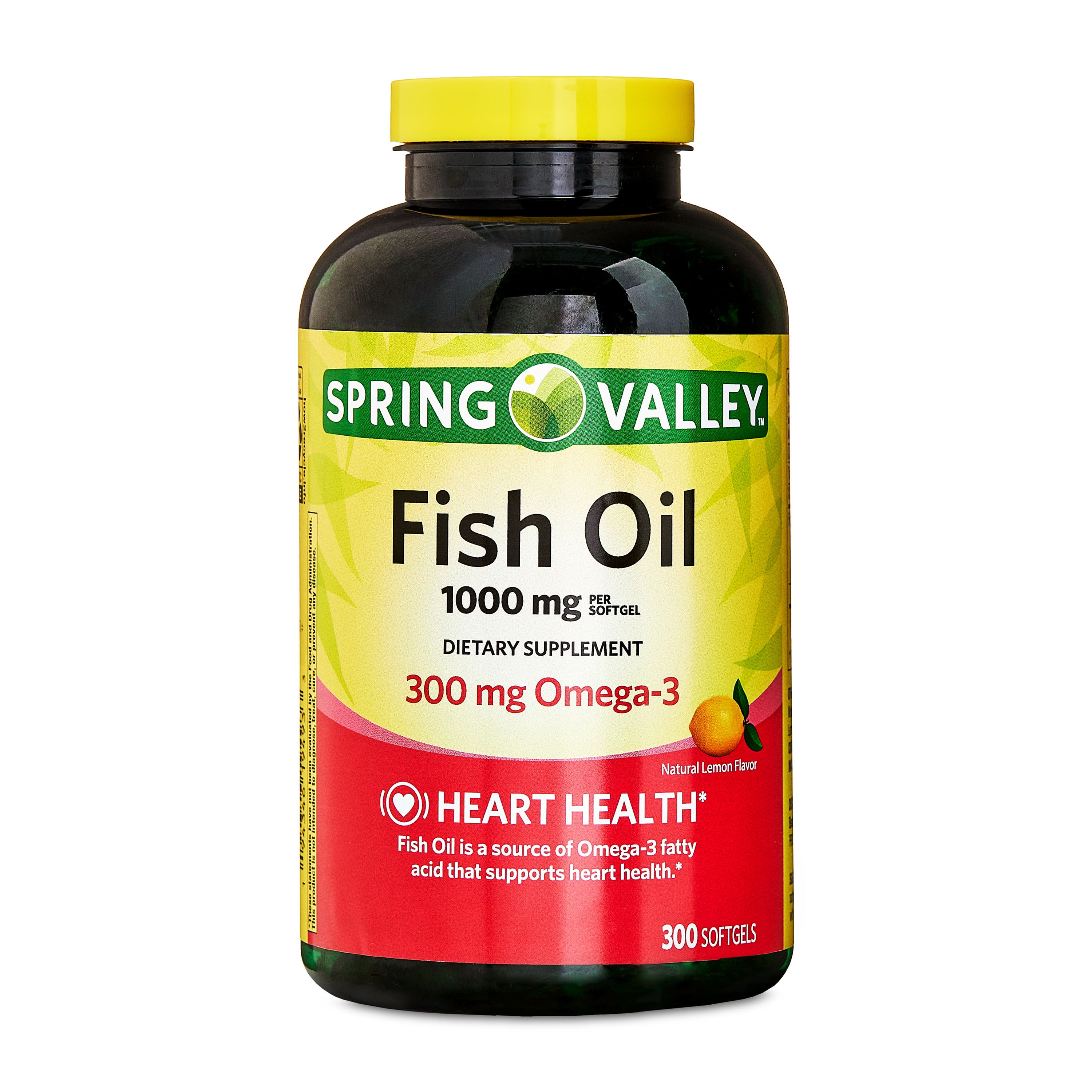 Spring Valley Fish Oil Omege-3 Dietary Supplement Softgels for Heart Health, 1000 mg, Lemon, 300 ...