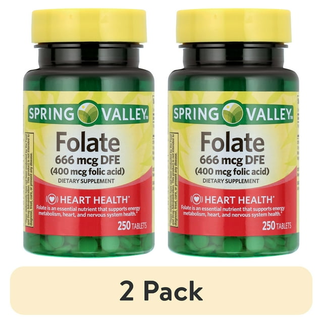 (2 pack) Spring Valley Folate Dietary Supplement Tablets, 400 Mcg, 250 ...
