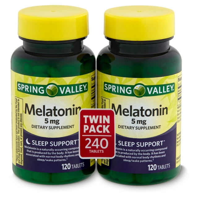 Spring Valley Melatonin Dietary Supplement Twin Pack, 5 mg, 120 Count ...