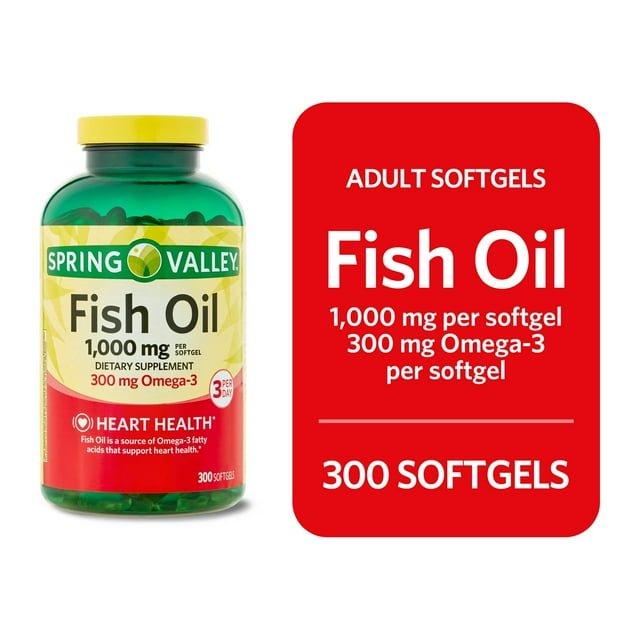 Spring Valley Fish Oil Omege-3 Dietary Supplement Softgels for Heart Health, 1000 mg, 300 Count ...