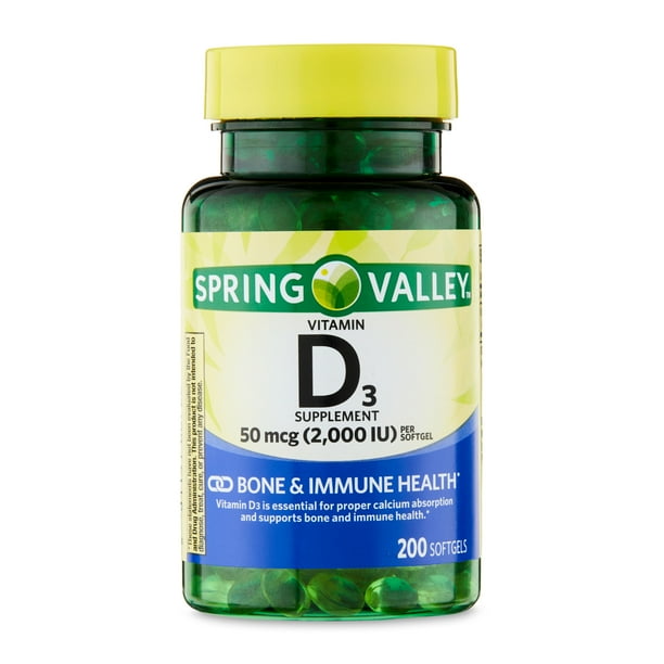 Spring Valley Vitamin D3 Supplement, 50 mcg (2,000 IU), 200 Count ...