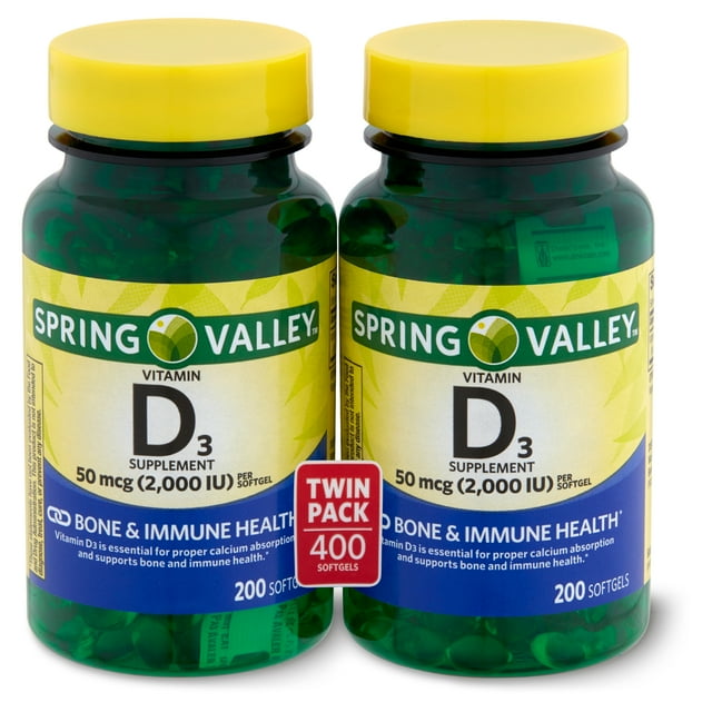 Spring Valley Vitamin D3 Supplement Twin Pack, 50 mcg, 200 Count, 2 ...