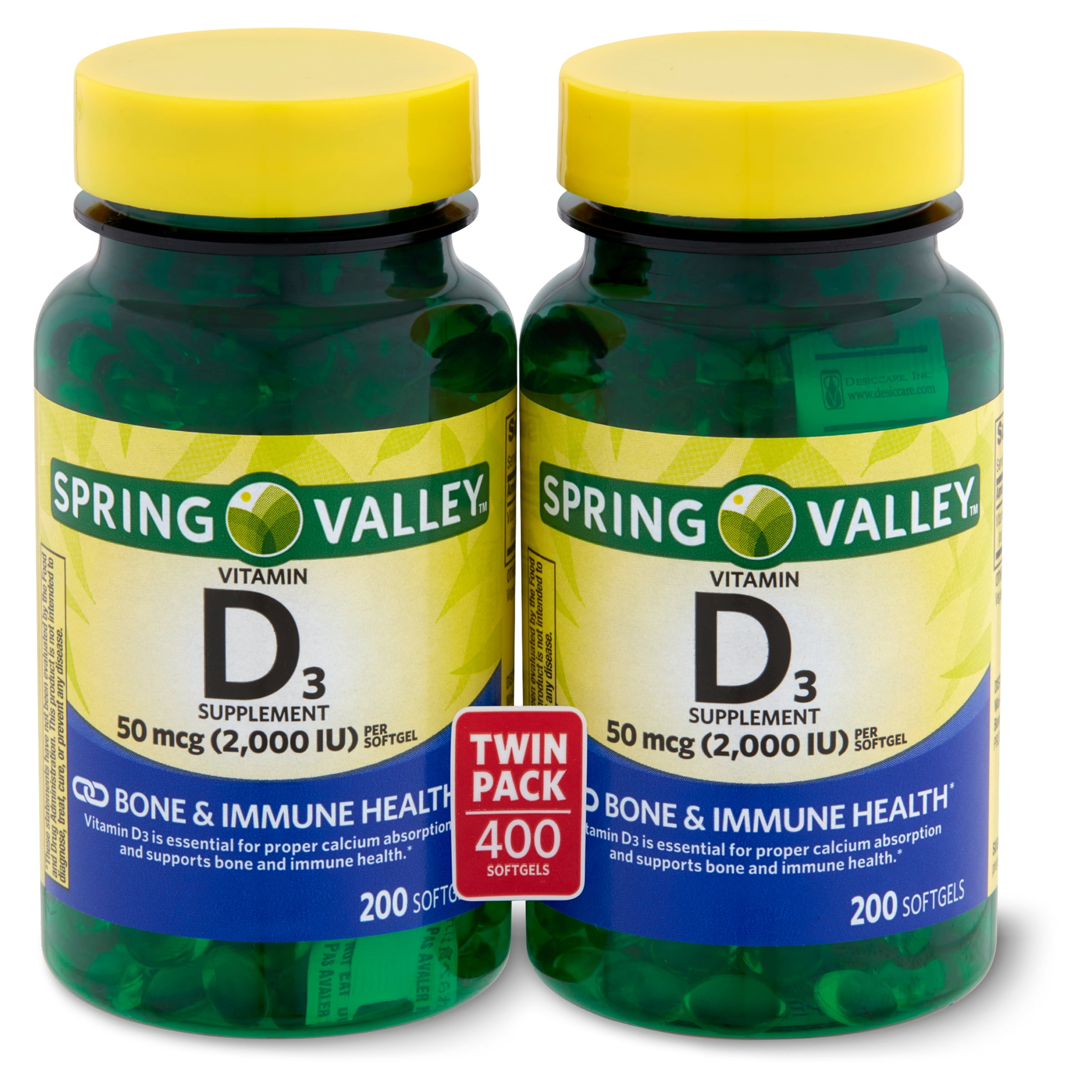 Spring Valley Vitamin D3 Supplement Twin Pack, 50 mcg, 200 Count, 2 ...