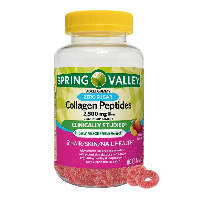 Spring Valley Zero Sugar Collagen Peptides 2500mg Gummy, 60 Count ...