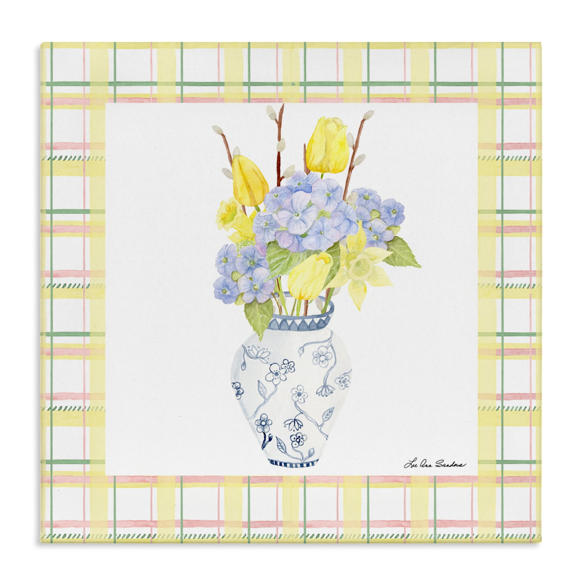Spring Vase on Yellow Plaid Canvas Wall Art, design by Lee Ann Sanders ...