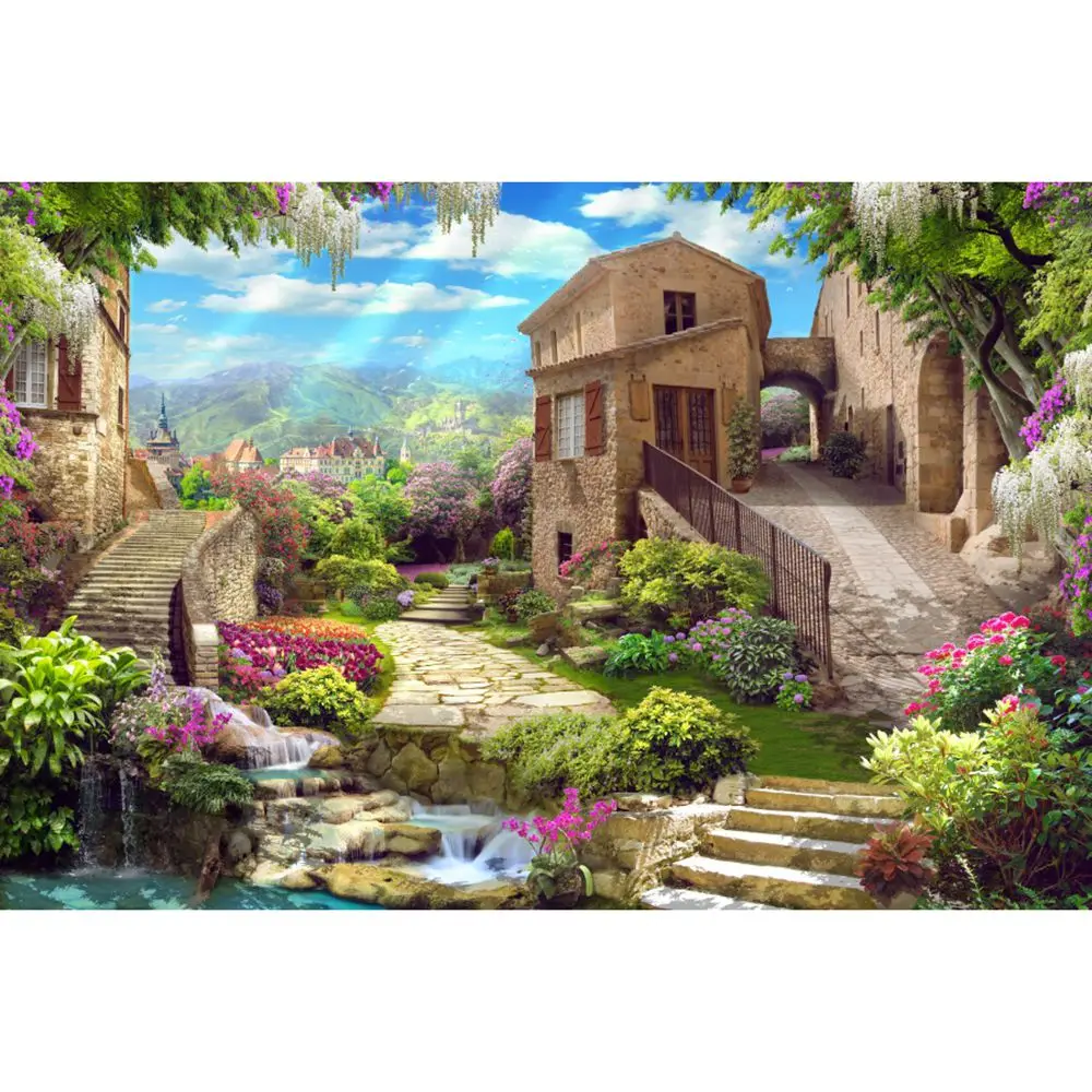 Spring Village Rural Town Backdrops Photography Floral Park Gard Mountain River Tree Grass Home ...