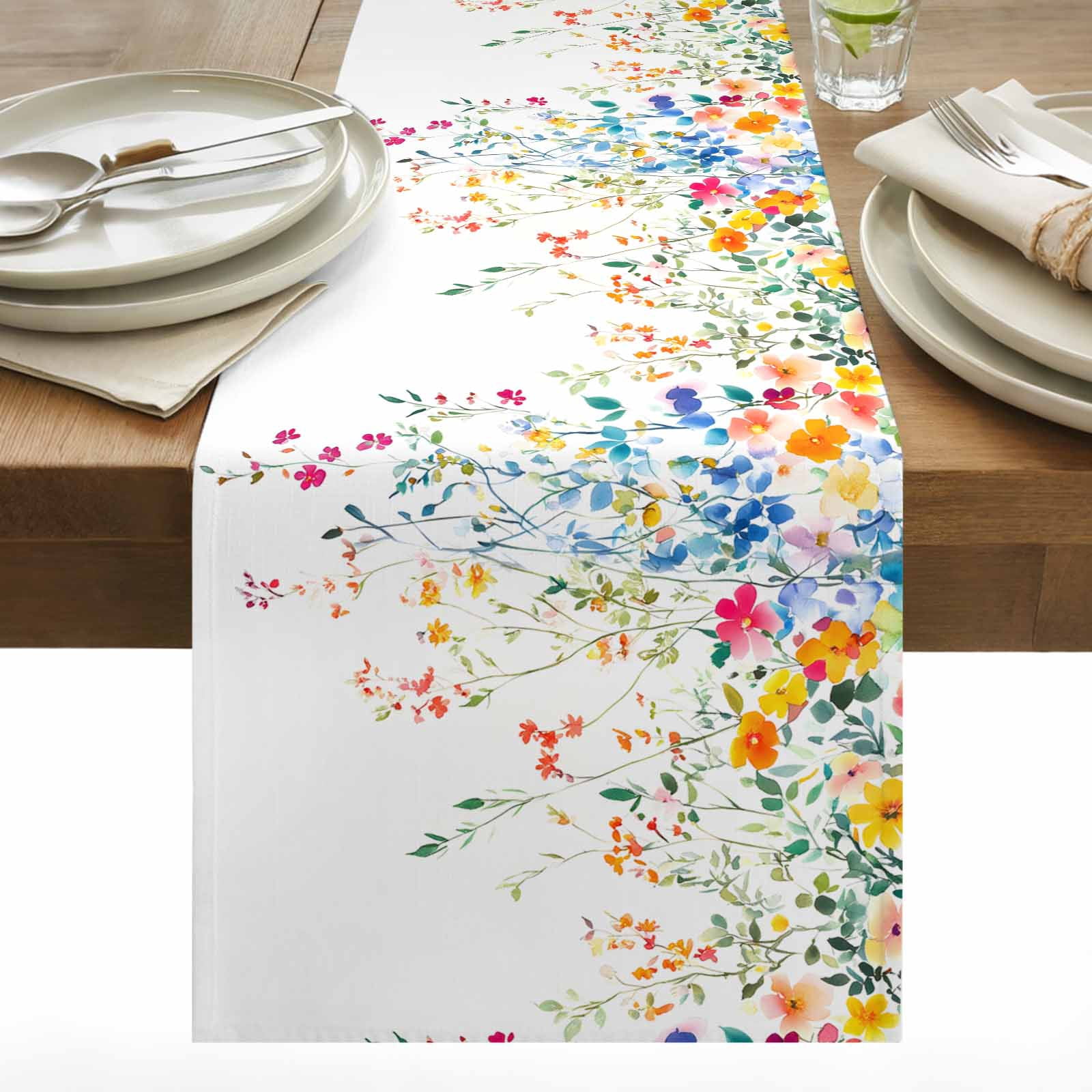 Spring Vine Flowers Cotton Linen Table Runner Retro Leaf Plant Country ...