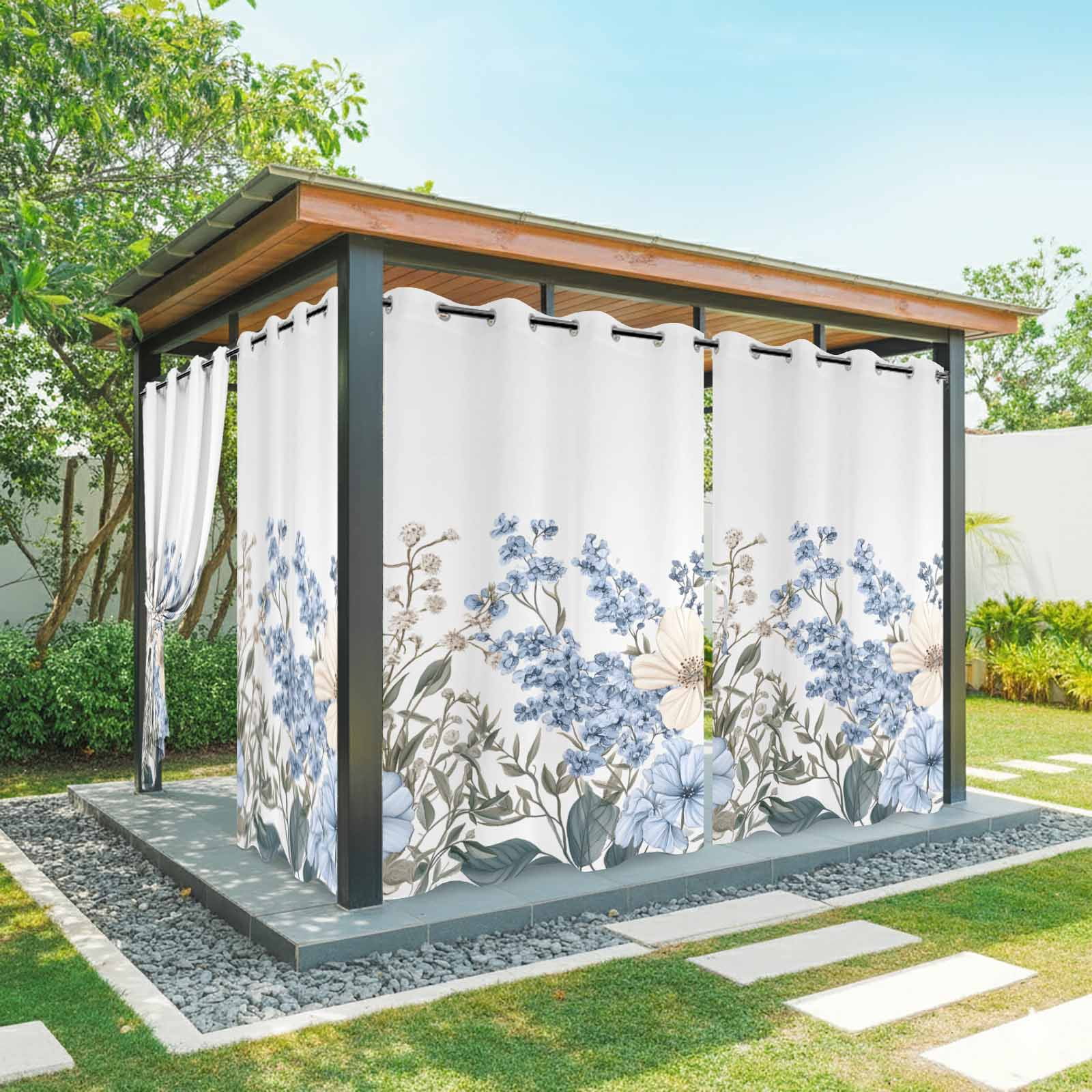 Spring Vintage Outdoor Curtains for Patio Waterproof, Blue Flowers Grey ...