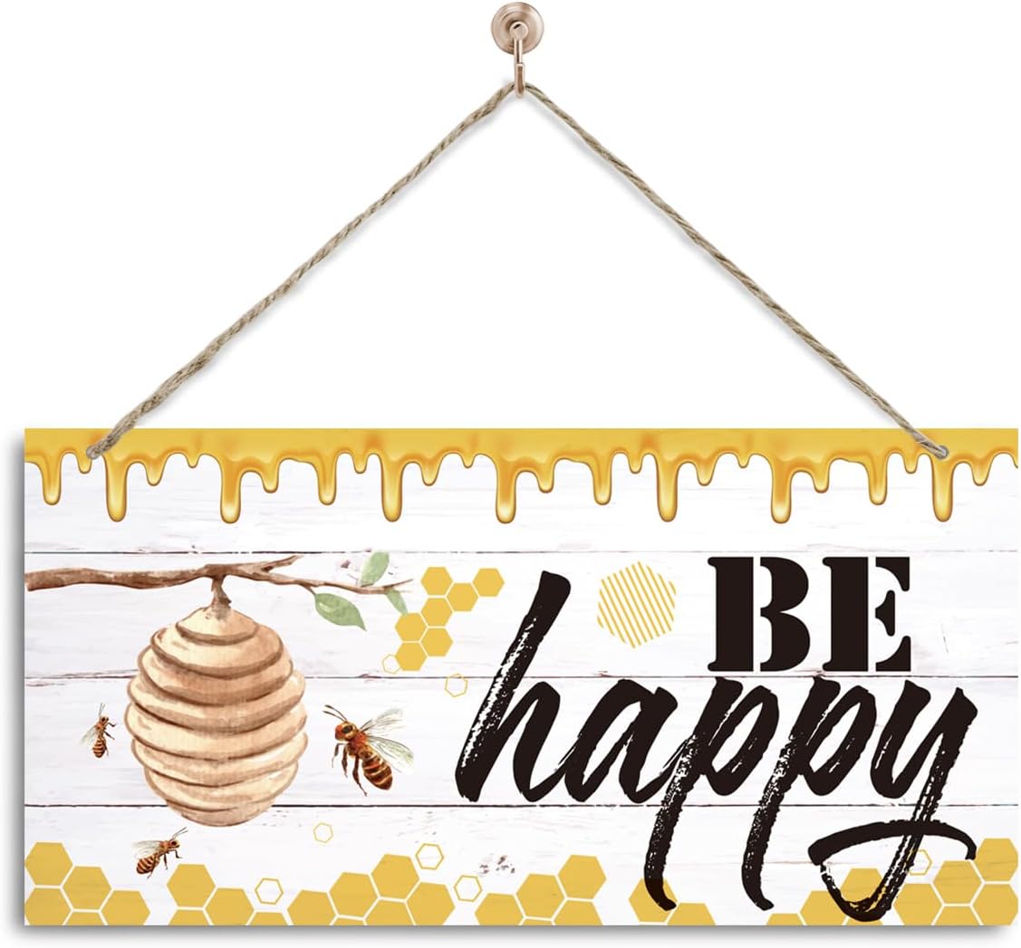 Spring Wall Decor, Bee Happy Sign, Decorative Wall Plaque, Hexagon ...