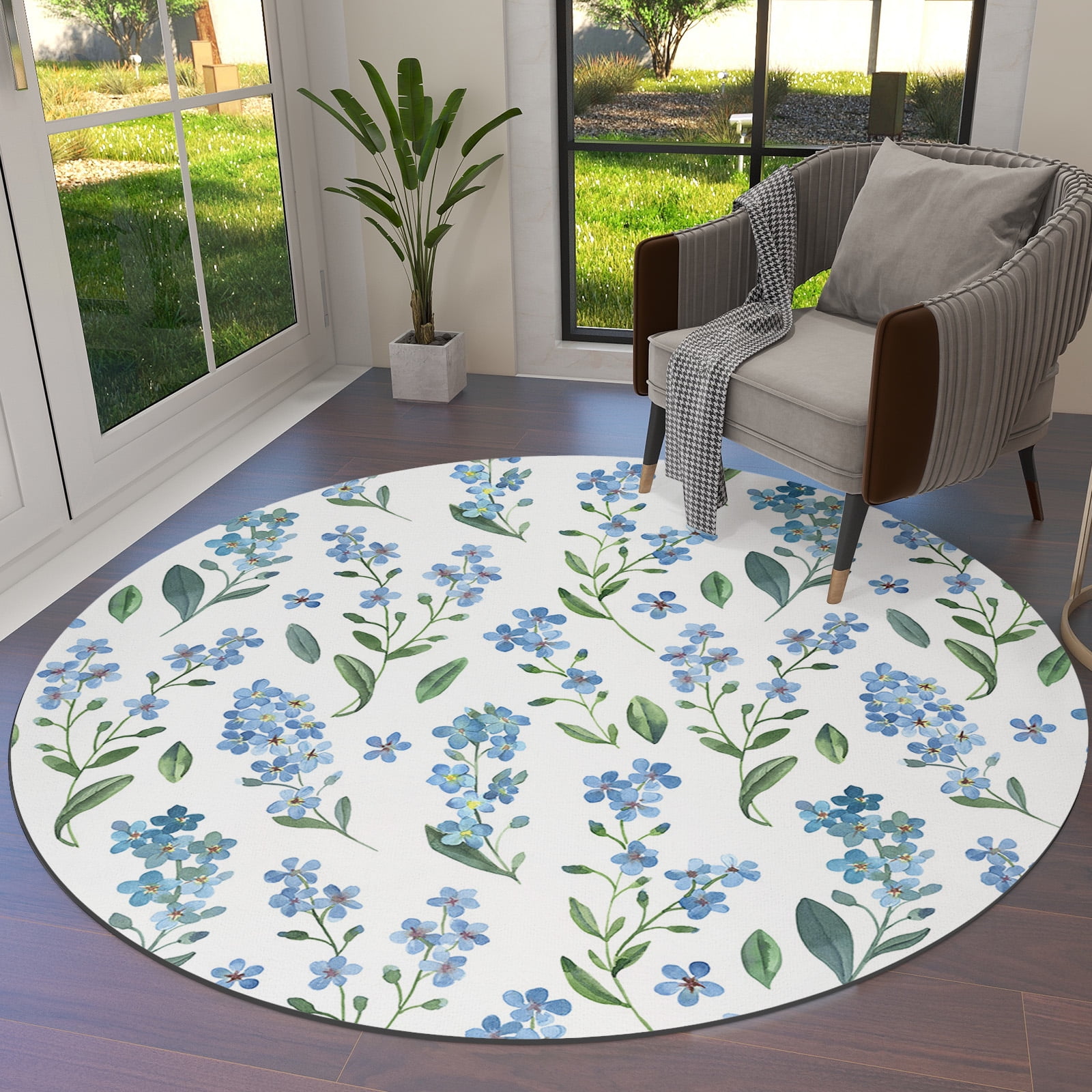 Spring Watercolor Blue Flower Farm Rural Round Area Rug Carpets for ...