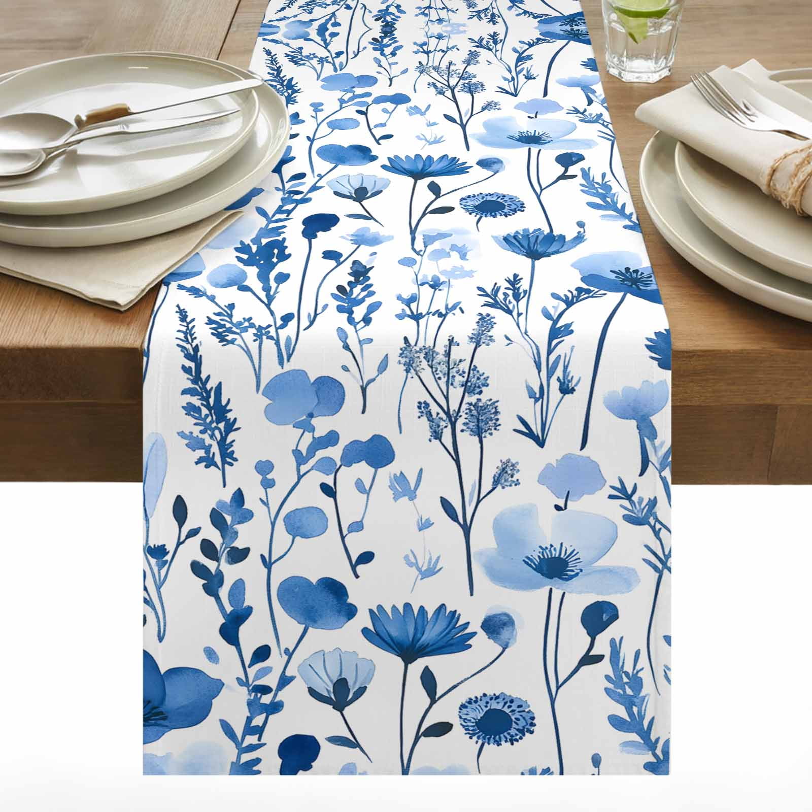 Spring Watercolor Cotton Linen Table Runner Blue Flower Leaves Floral ...