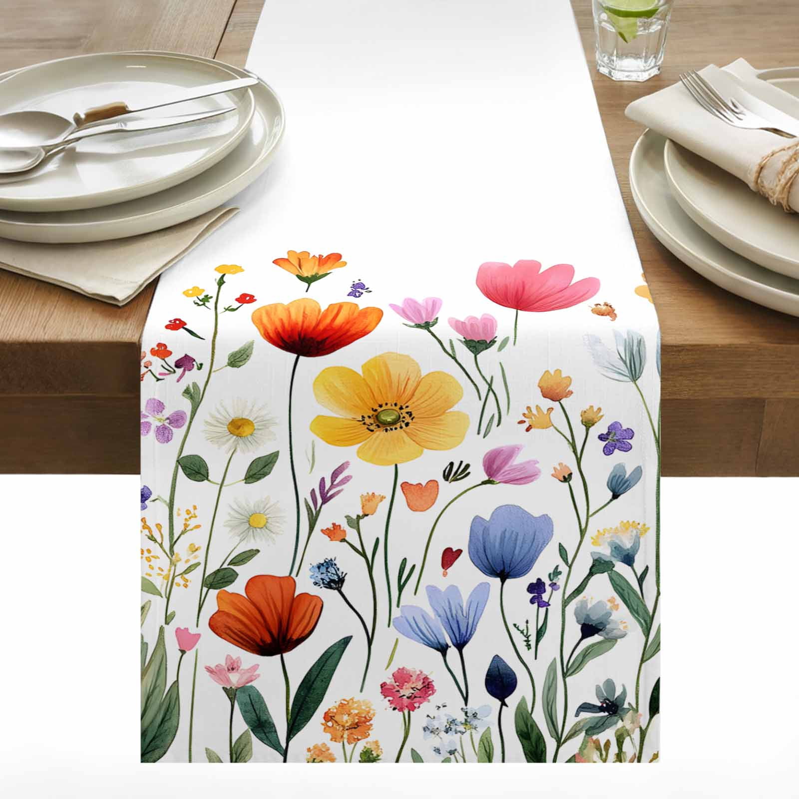 Spring Watercolor Cotton Linen Table Runner Flower Green Leaves Plant ...