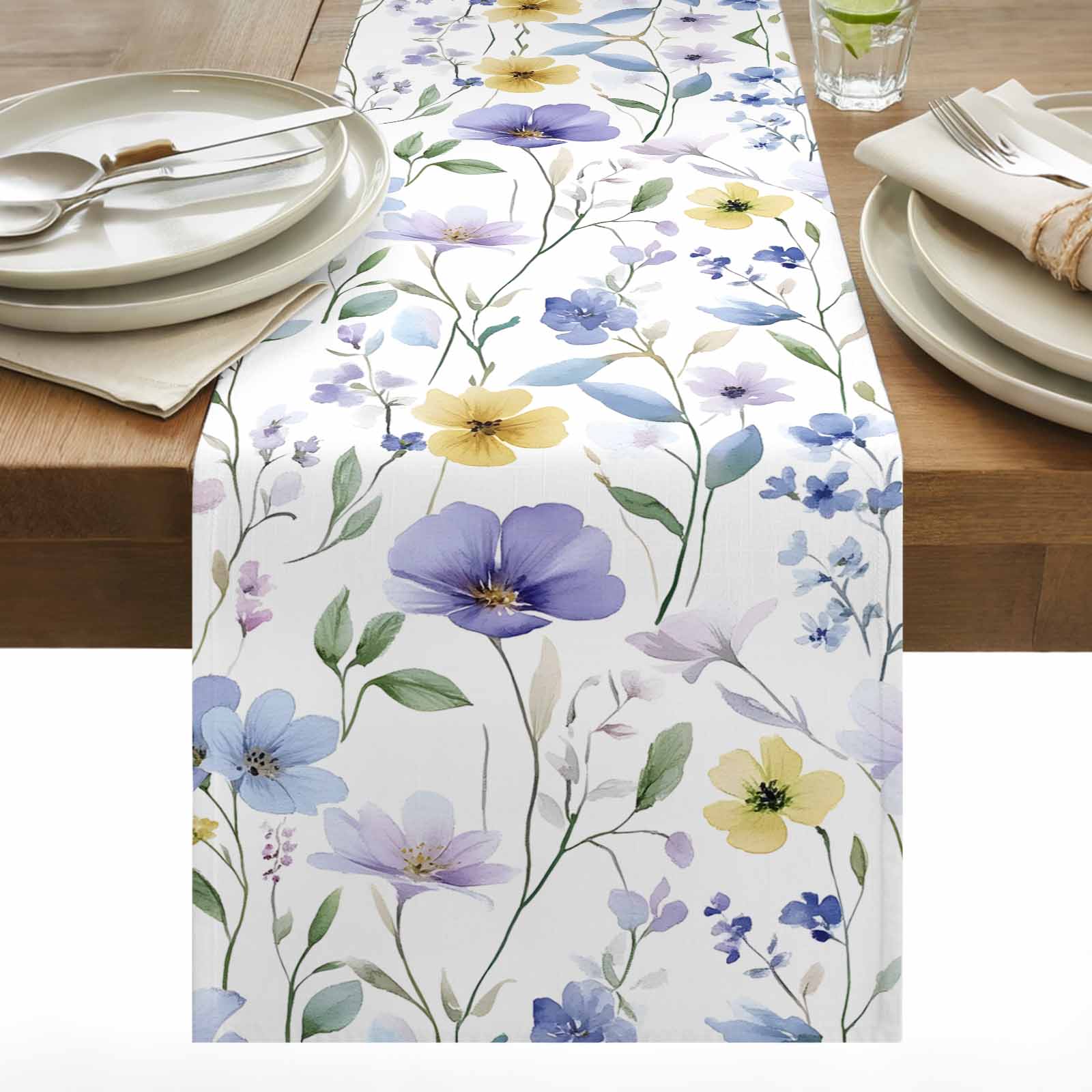 Spring Watercolor Cotton Linen Table Runner Wildflower Multicolor ...