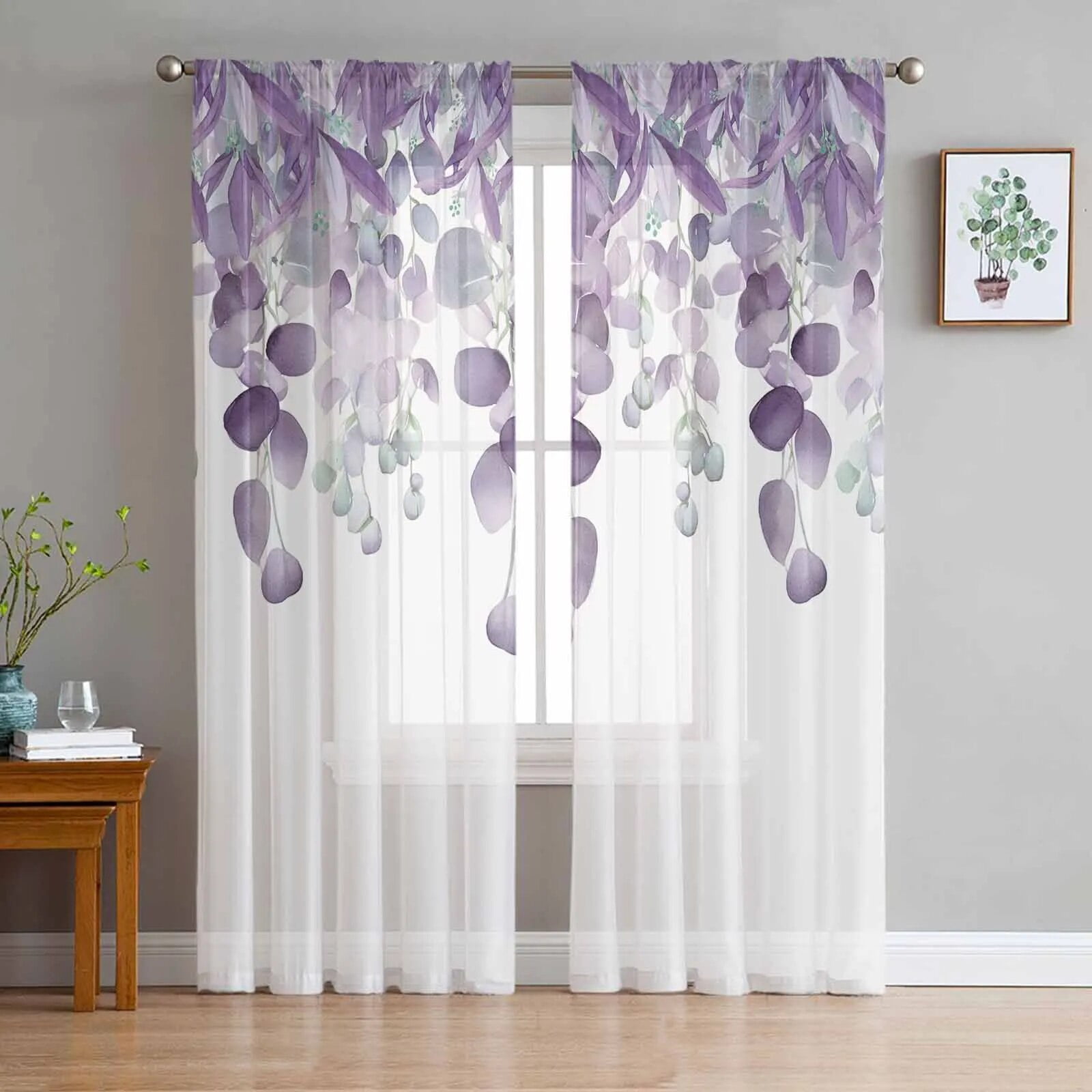 Spring Watercolor Eucalyptus Leaves Tulle Curtains for Living Room ...