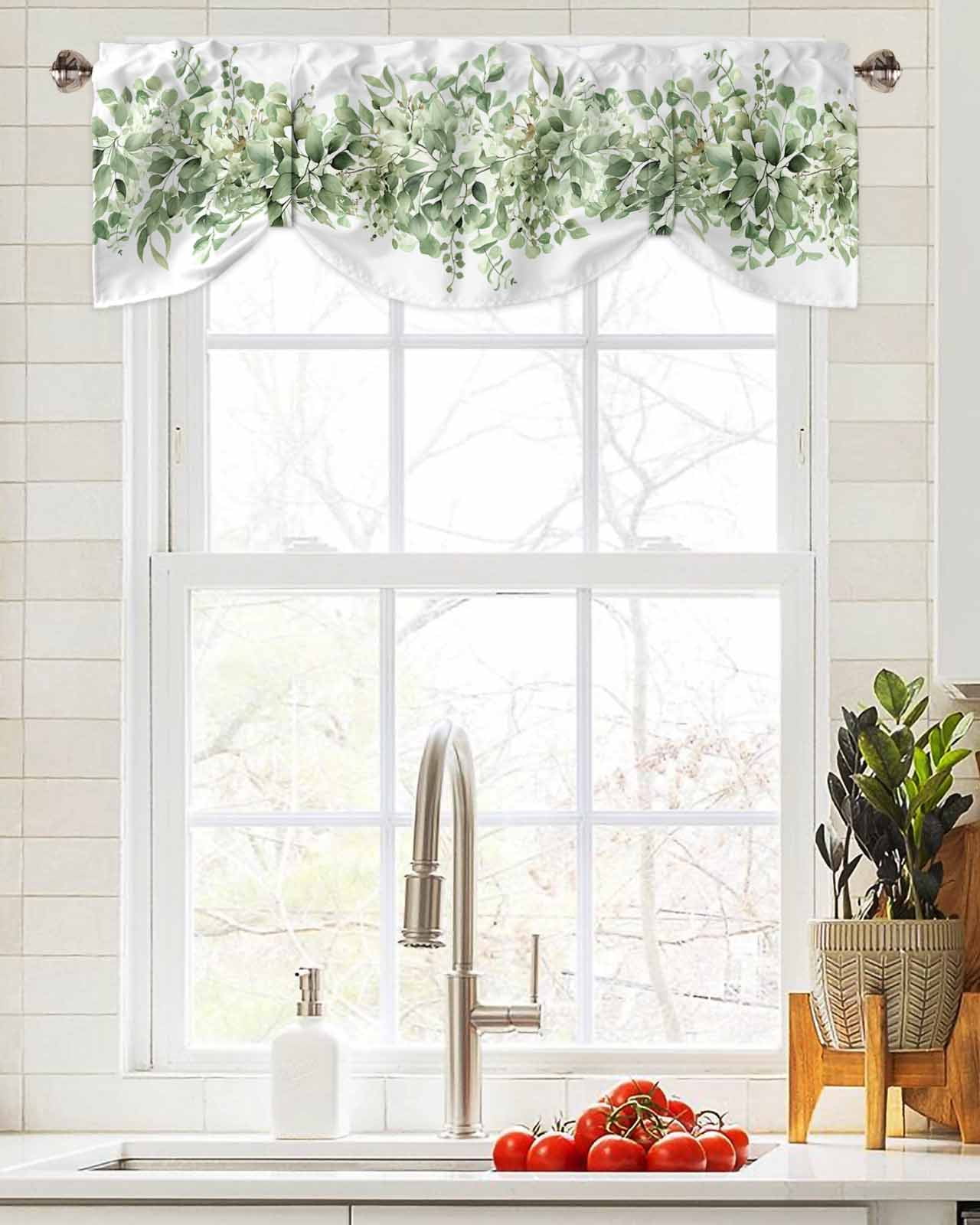 Spring Watercolor Eucalyptus Leaves Window Curtain Living Room Kitchen ...