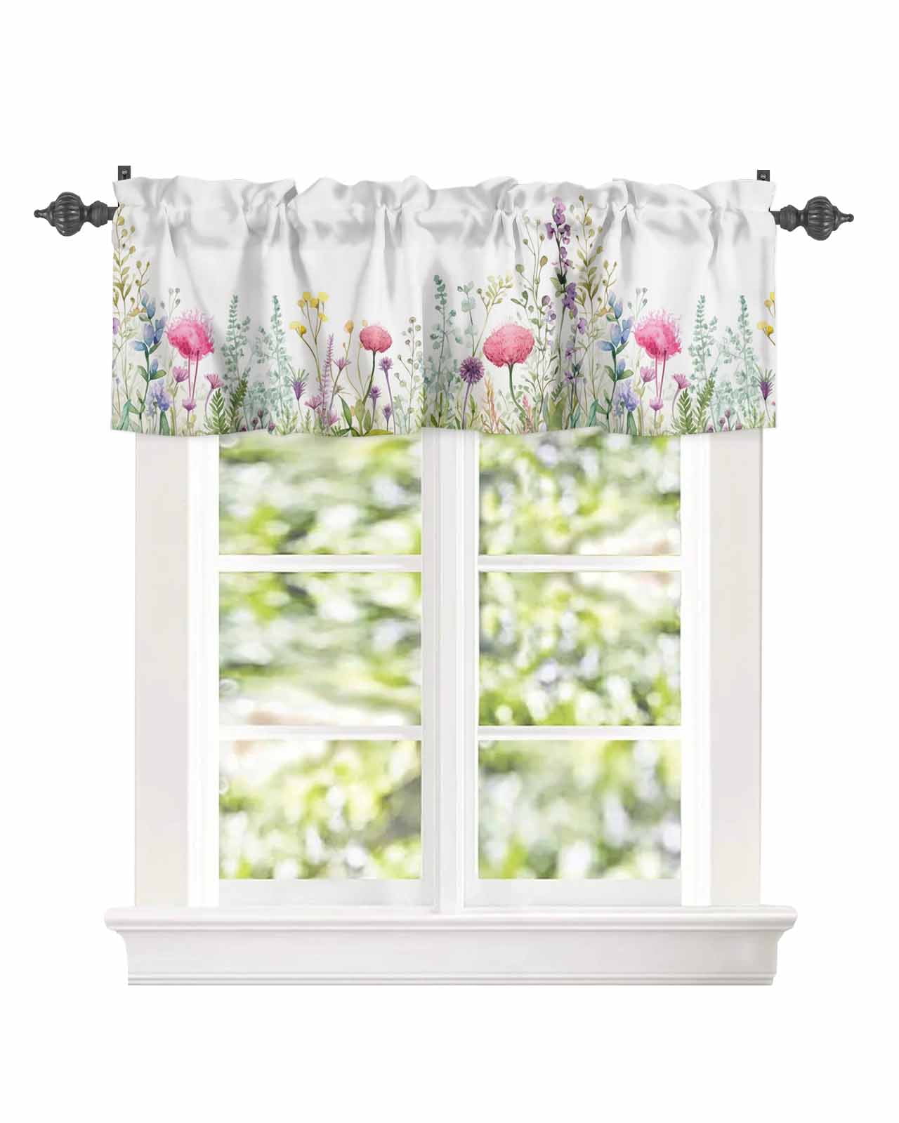 Spring Watercolor Floral Botanical White Window Valances for Kitchen ...