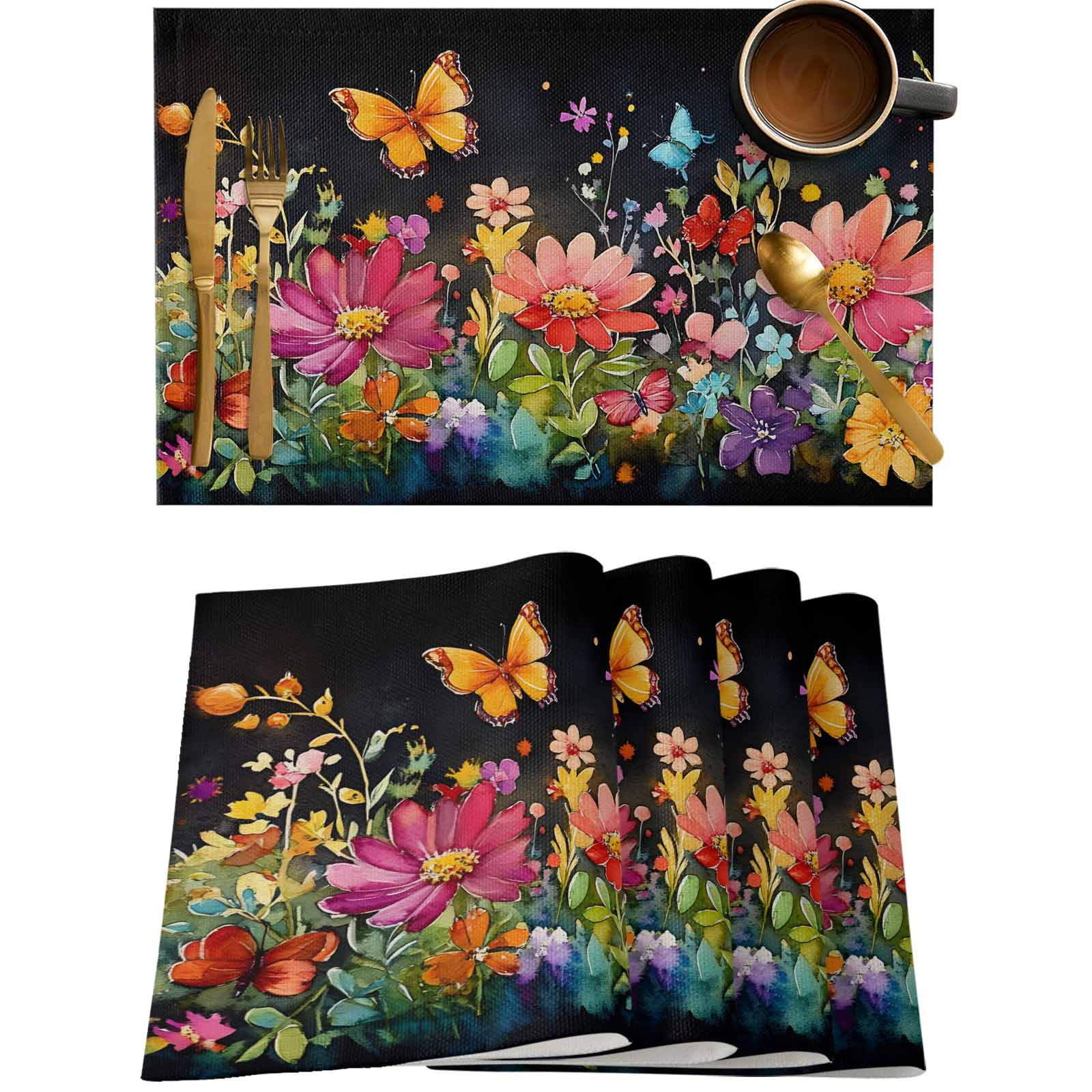 Spring Watercolor Flower Butterfly Placemats Set of 4,Wipeable Washable ...