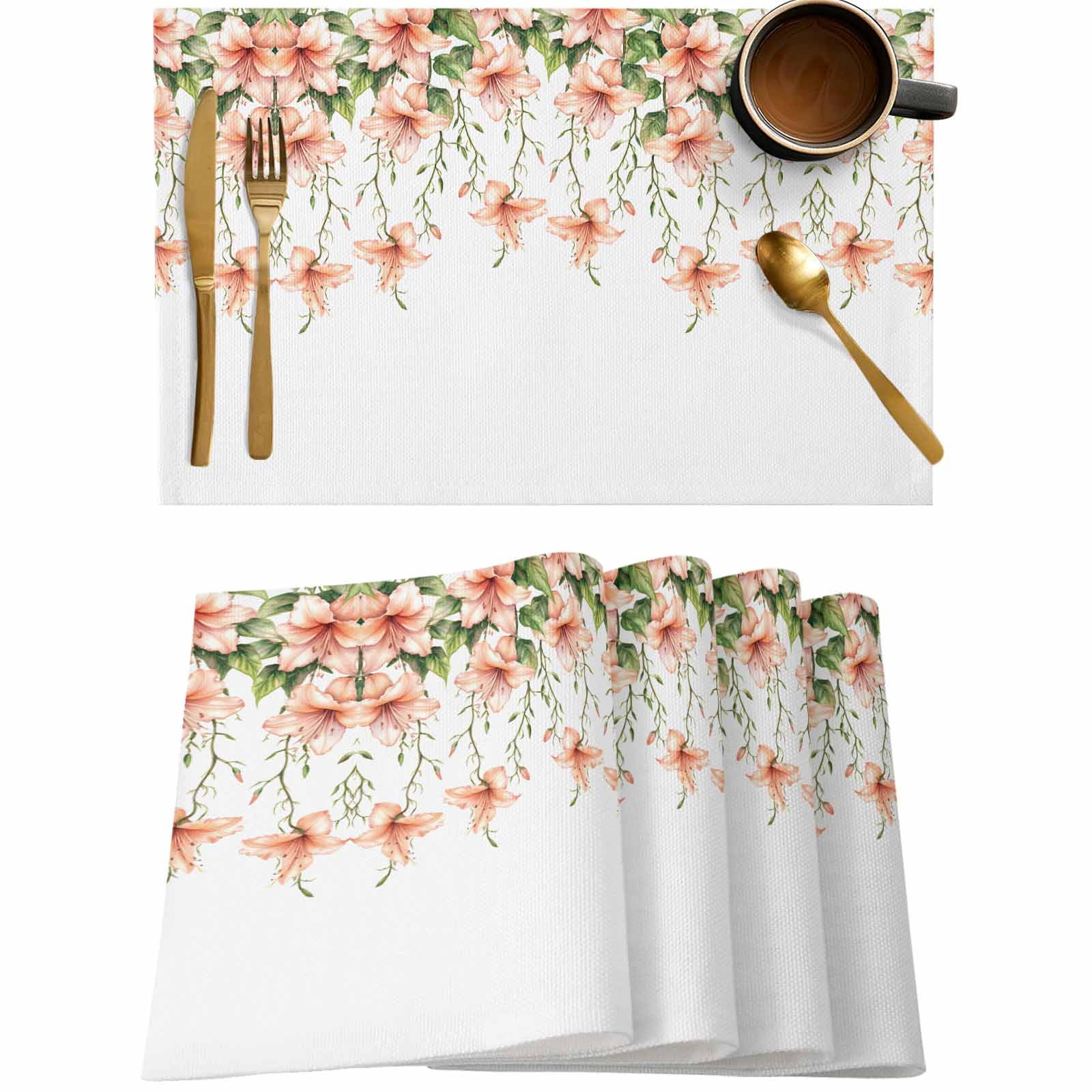 Spring Watercolor Flower Green Leaves Placemats Set of 4,Wipeable ...