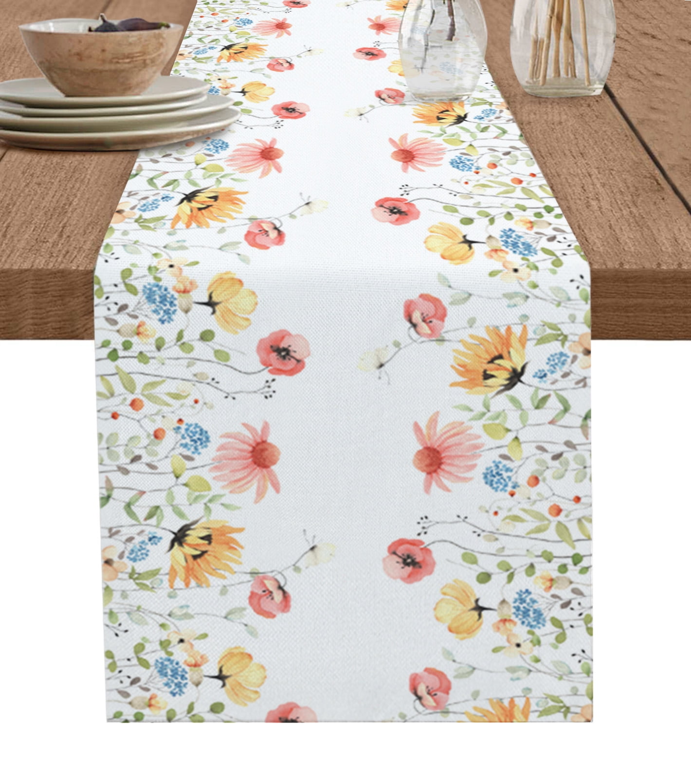 Spring Watercolor Flower Leaves Table Runner ration Home r Dinner Table ration Table r - Walmart.com