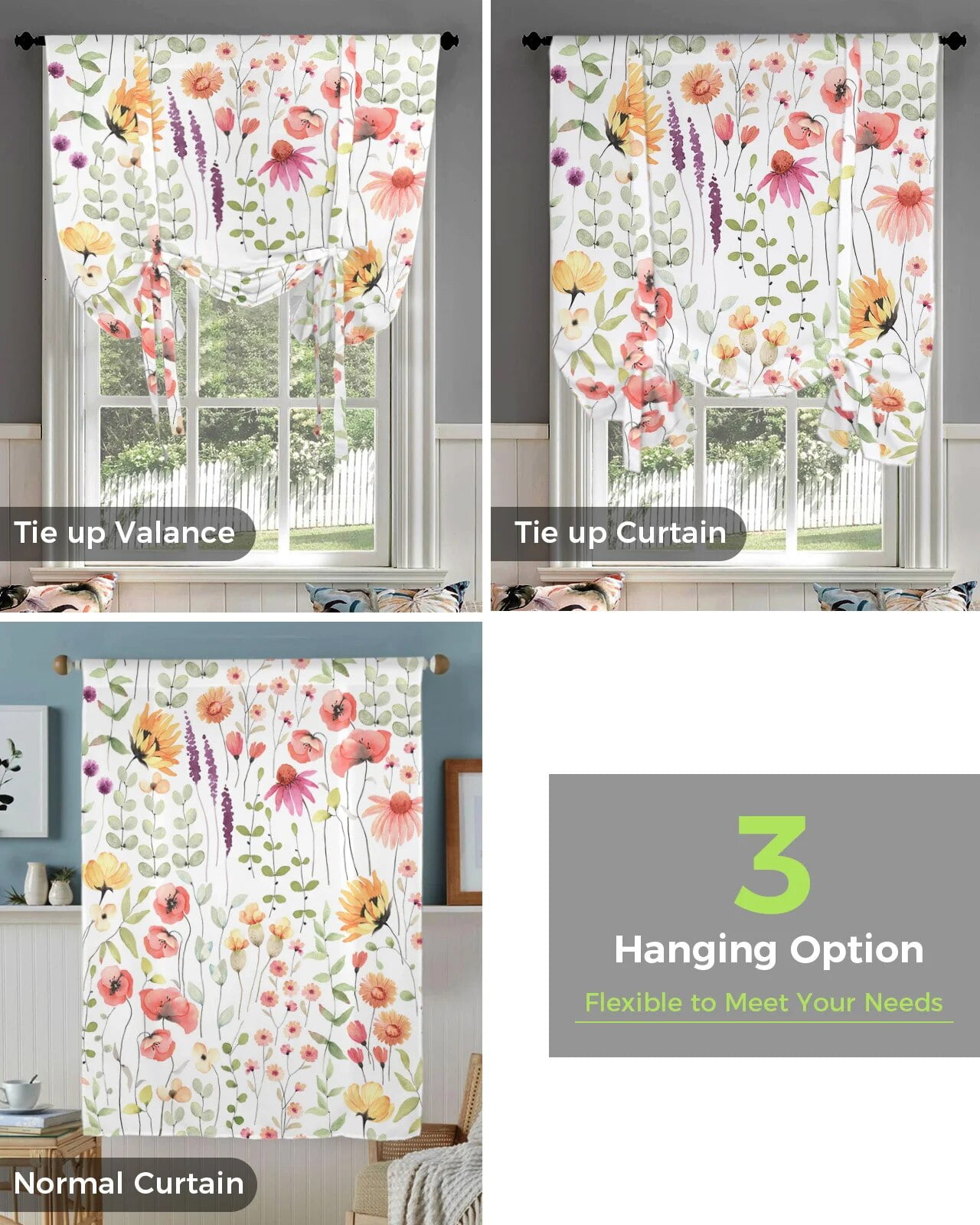 Spring Watercolor Flower Leaves Window Curtain for Living Room Bedroom ...