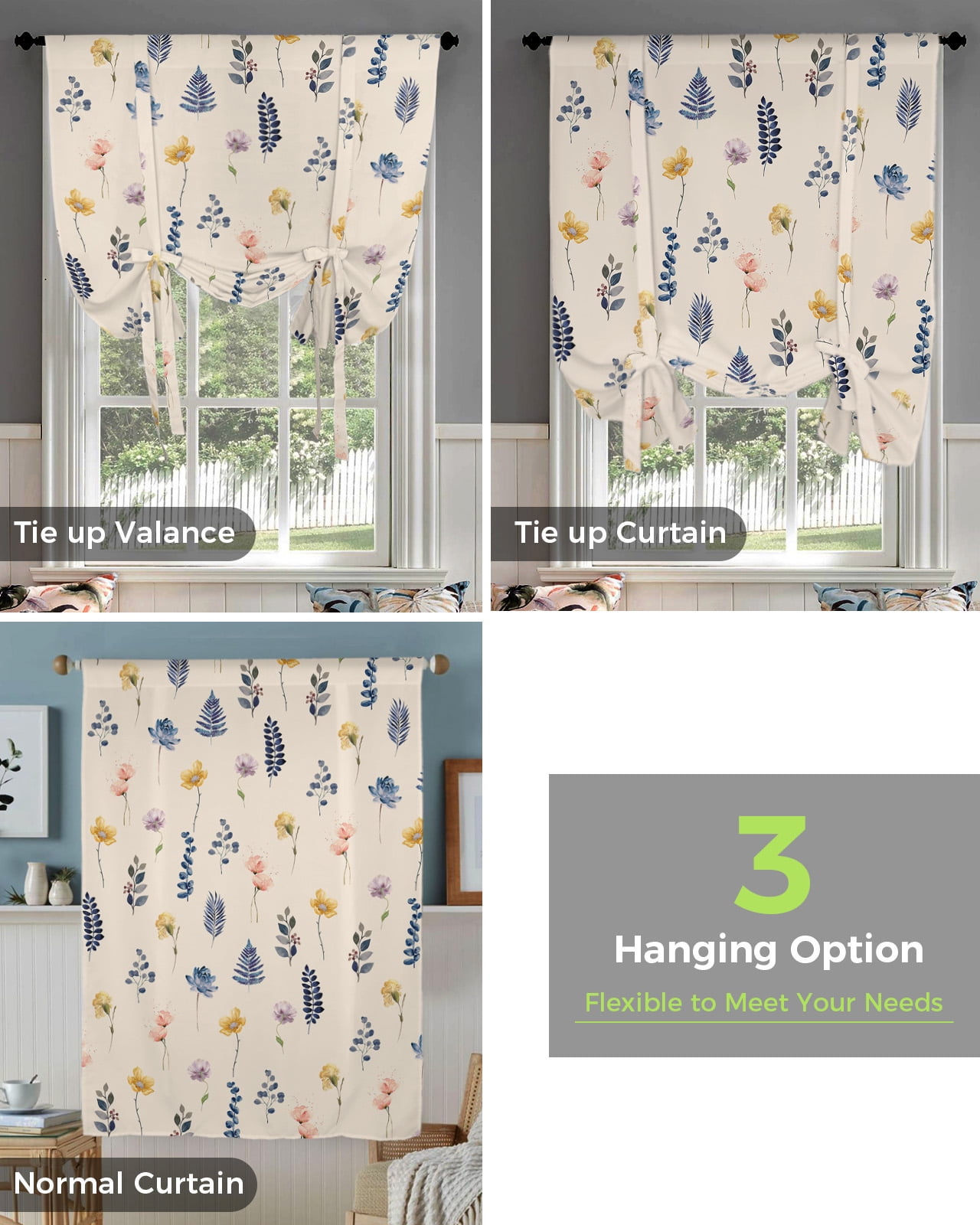 Spring Watercolor Flower Leaves Window Curtain for Living Room Bedroom ...