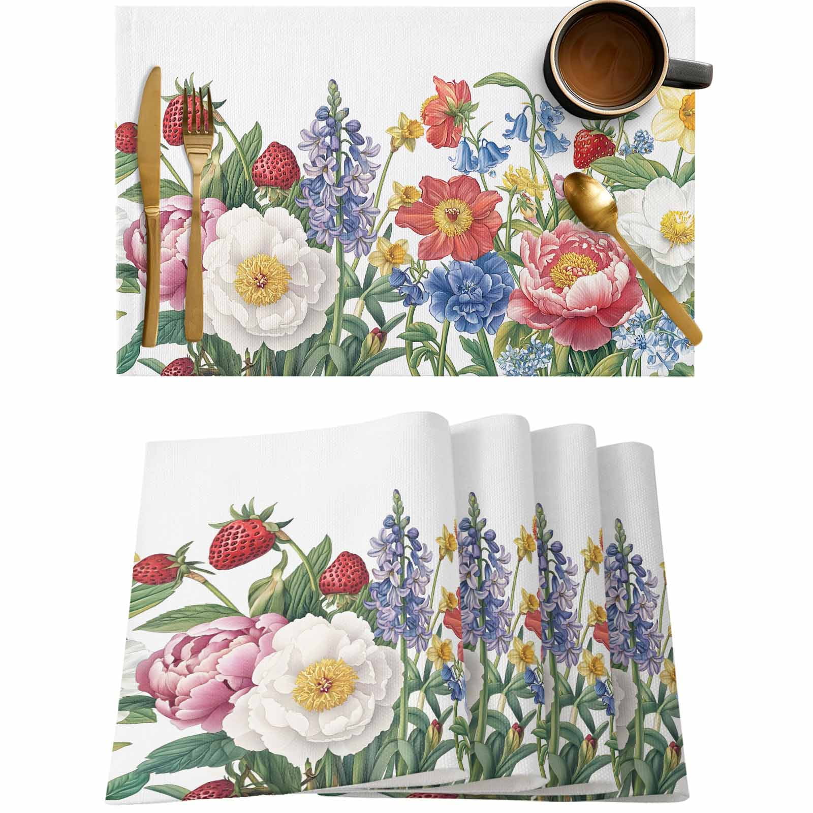 Spring Watercolor Flower Plant Placemats Set of 4,Wipeable Washable ...