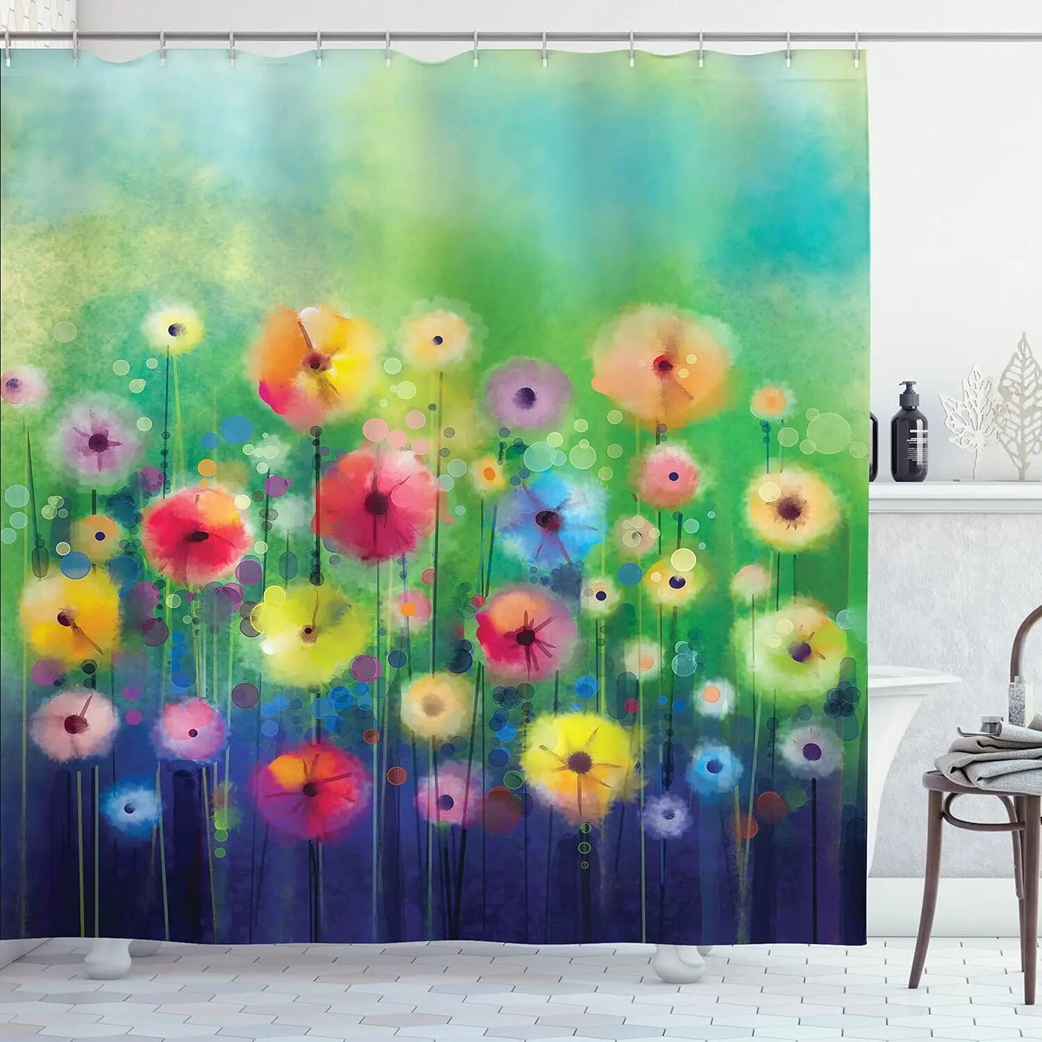 Spring Watercolor Flower Shower Curtain Bohemian Colorful Roses Green