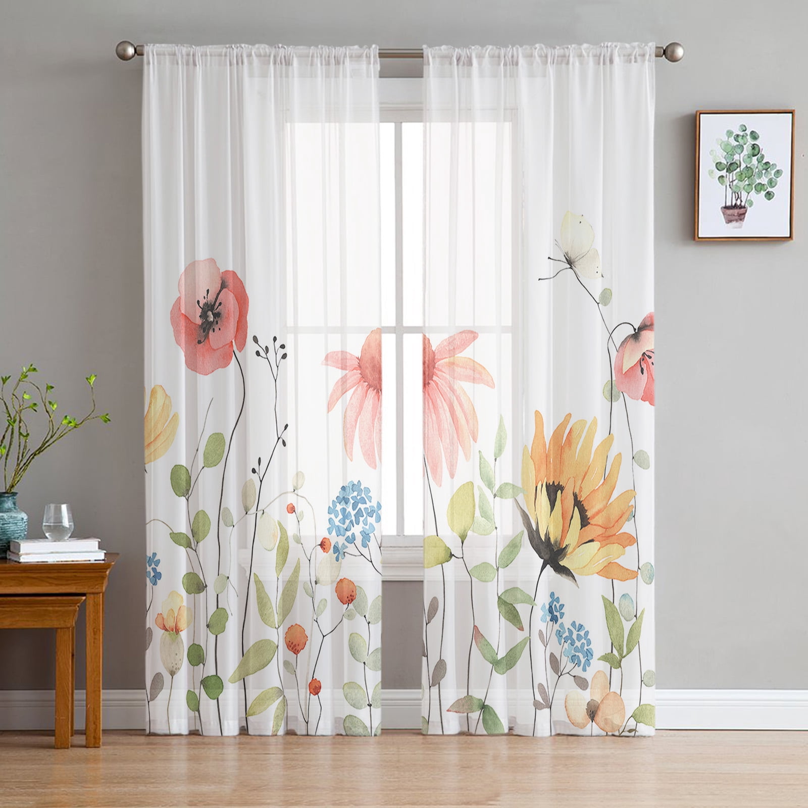 Spring Watercolor Flowers Foliage TextureTulle Curtains ration Modern ...