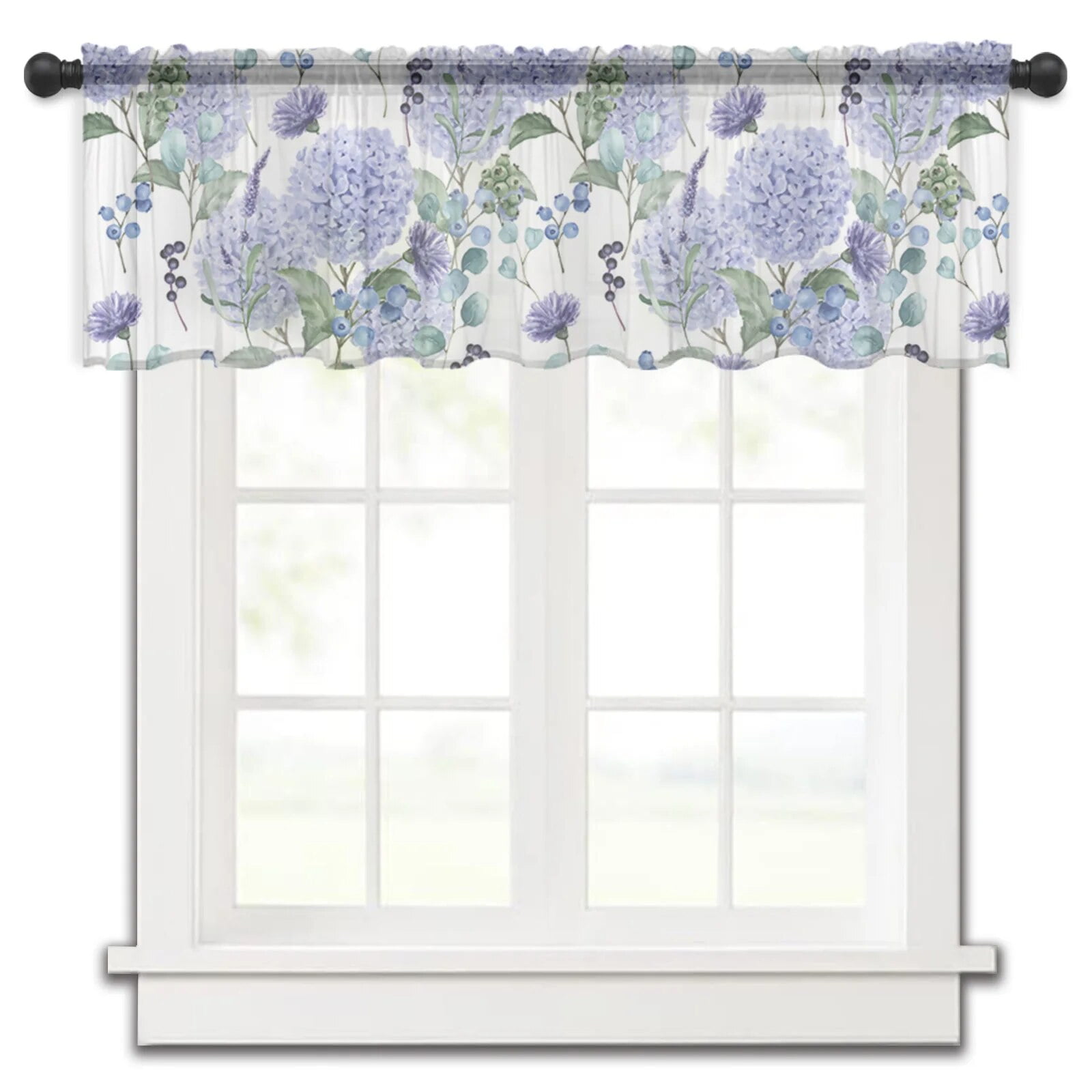 Spring Watercolor Flowers Hydrangea Small Window Curtain Valance Sheer ...