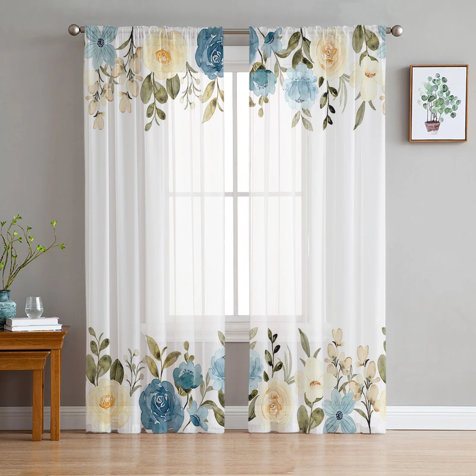 Spring Watercolor Flowers Sheer Window Curtains for Living Room Kitchen ...