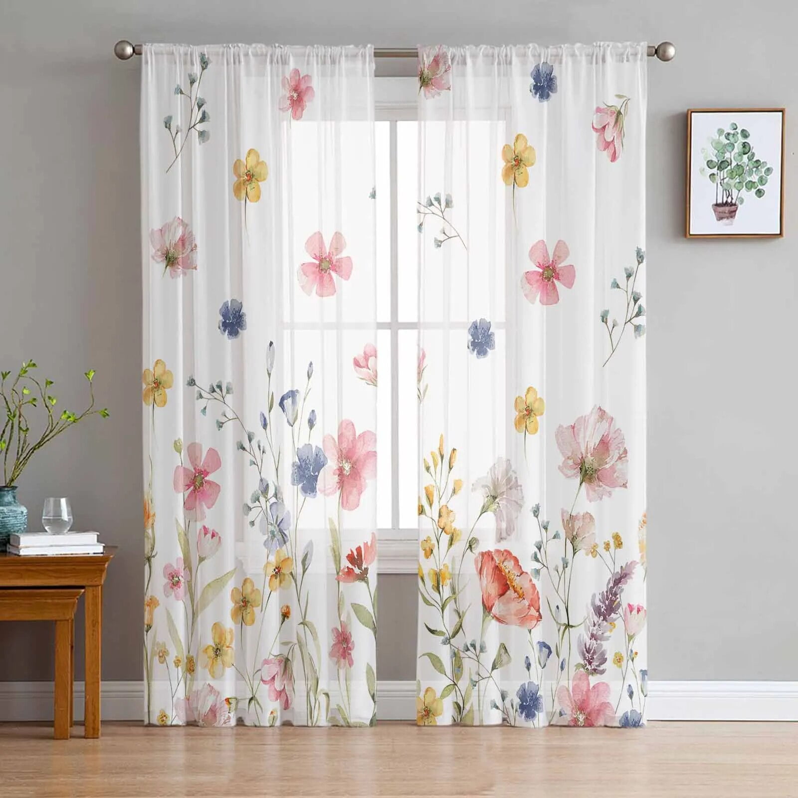 Spring Watercolor Flowers Tulle Curtains for Living Room Bedroom Modern ...