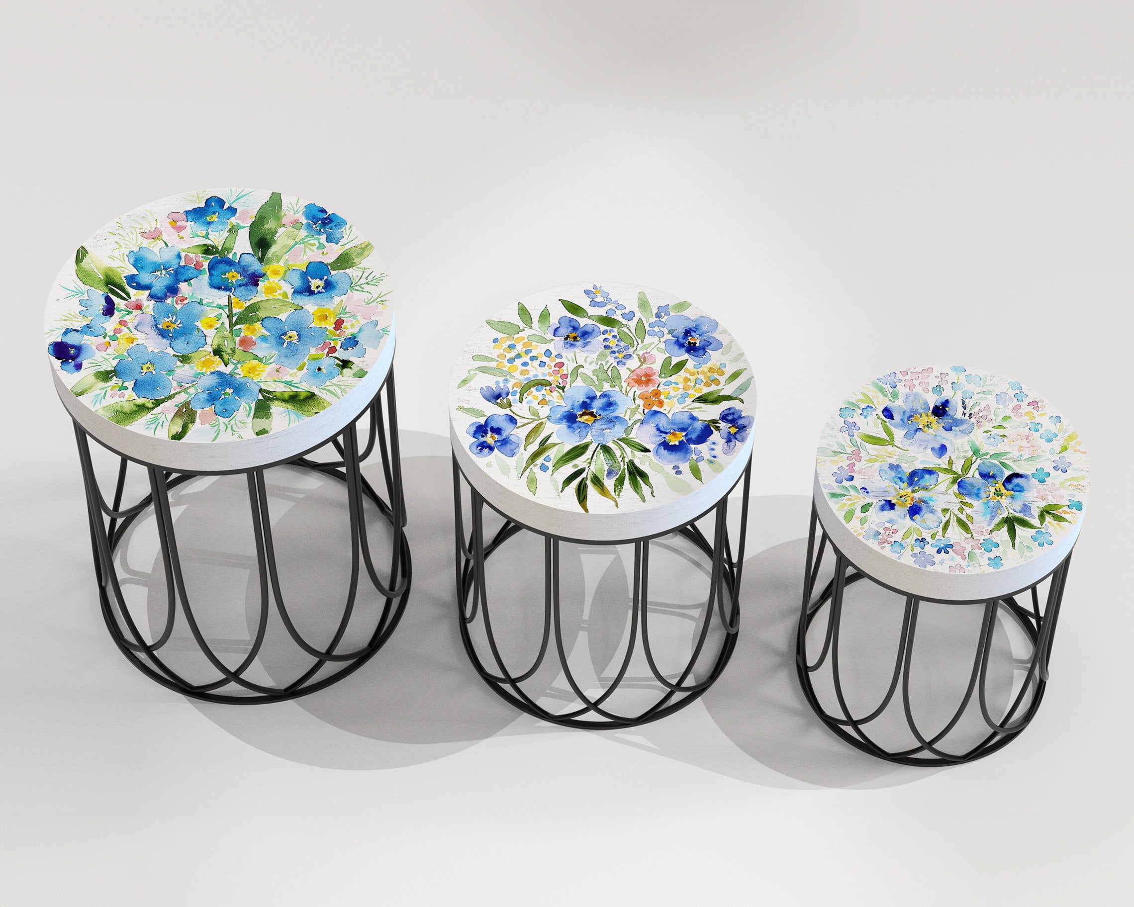 Spring Watercolor Forget-Me-Nots Accent Table | Farmhouse Style Round ...