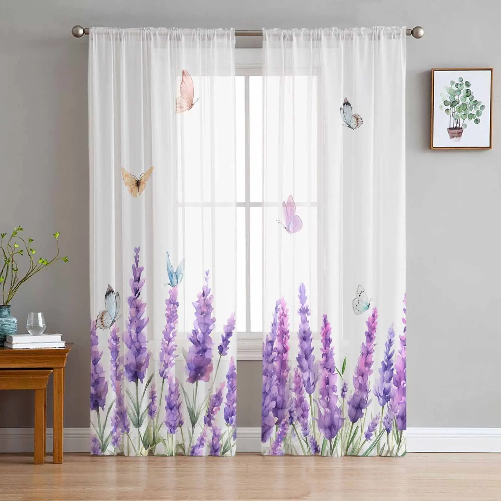 Spring Watercolor Lavender Butterfly Tulle Curtains for Living Room ...