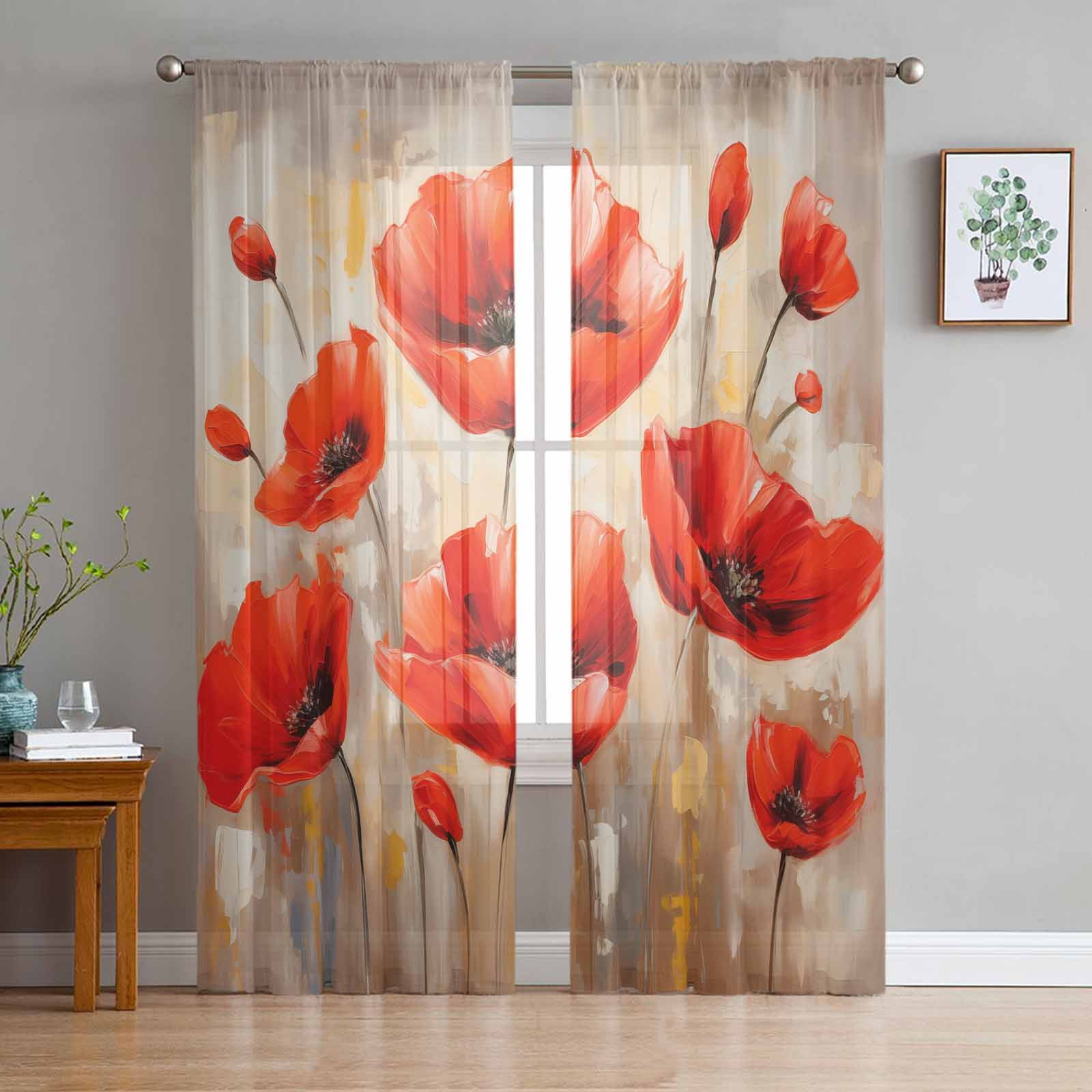 Spring Watercolor Poppy Flower Plant Sheer Tulle Curtains for Living ...