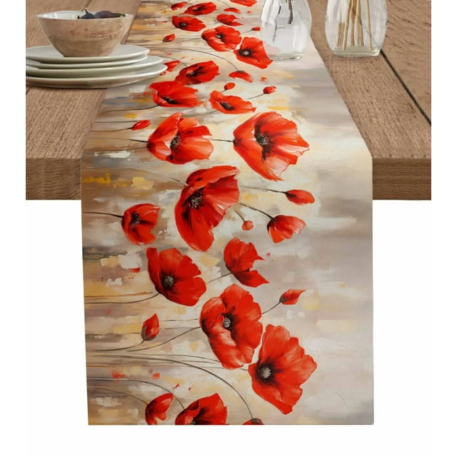 Spring Watercolor Poppy Flower Plant Table Runner Wedding Decor Table ...