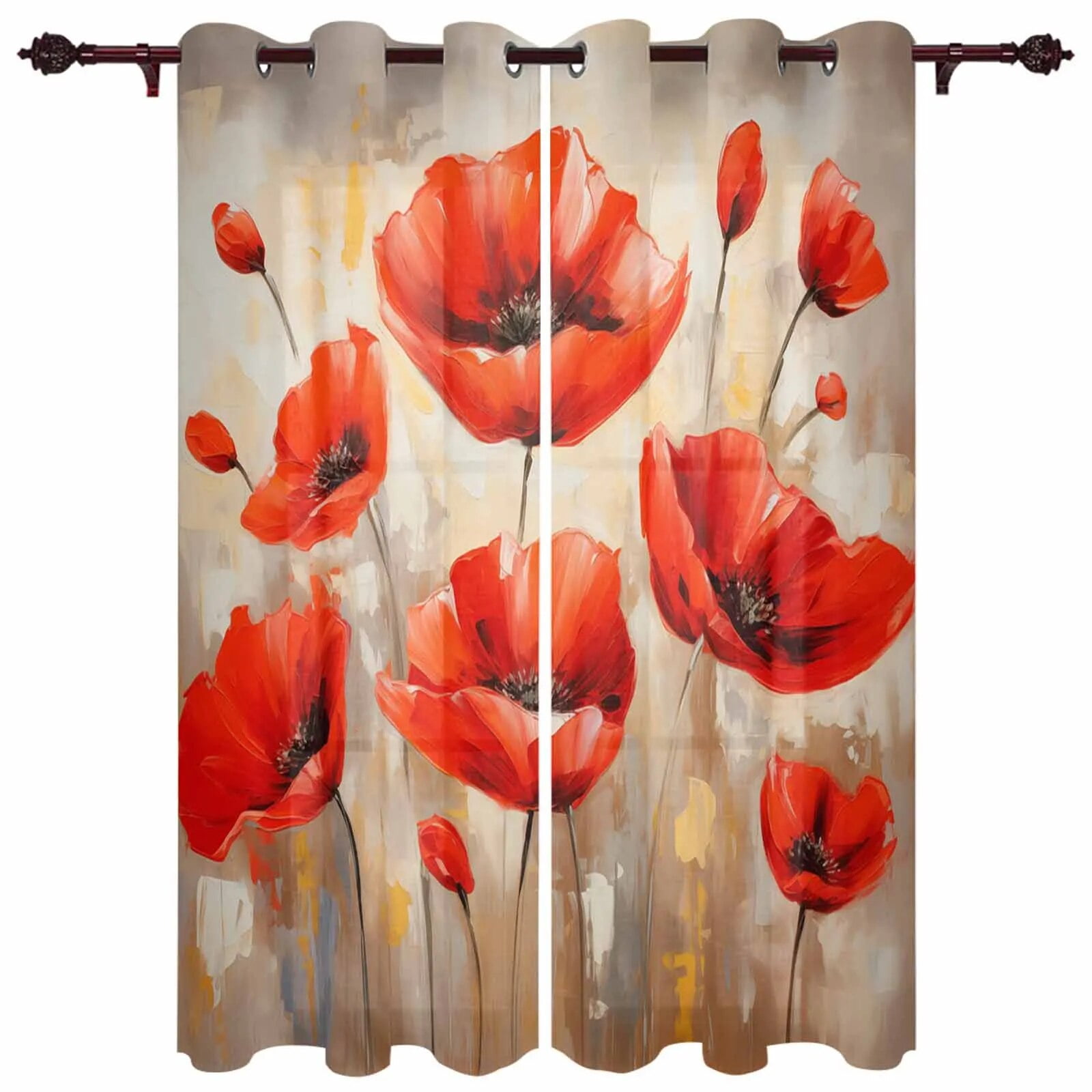 Spring Watercolor Poppy Flower Plant Window Curtains for Living Room ...