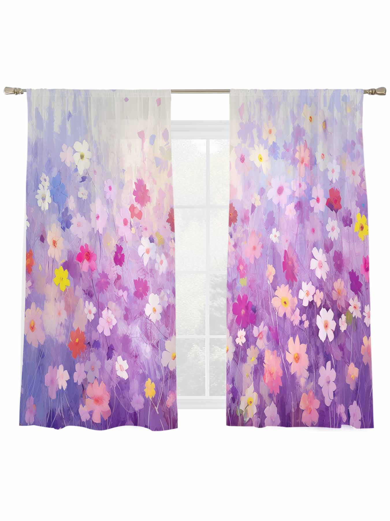 Spring Watercolor Sheer Curtains 2 Panels Set Purple Flowers Oil ...