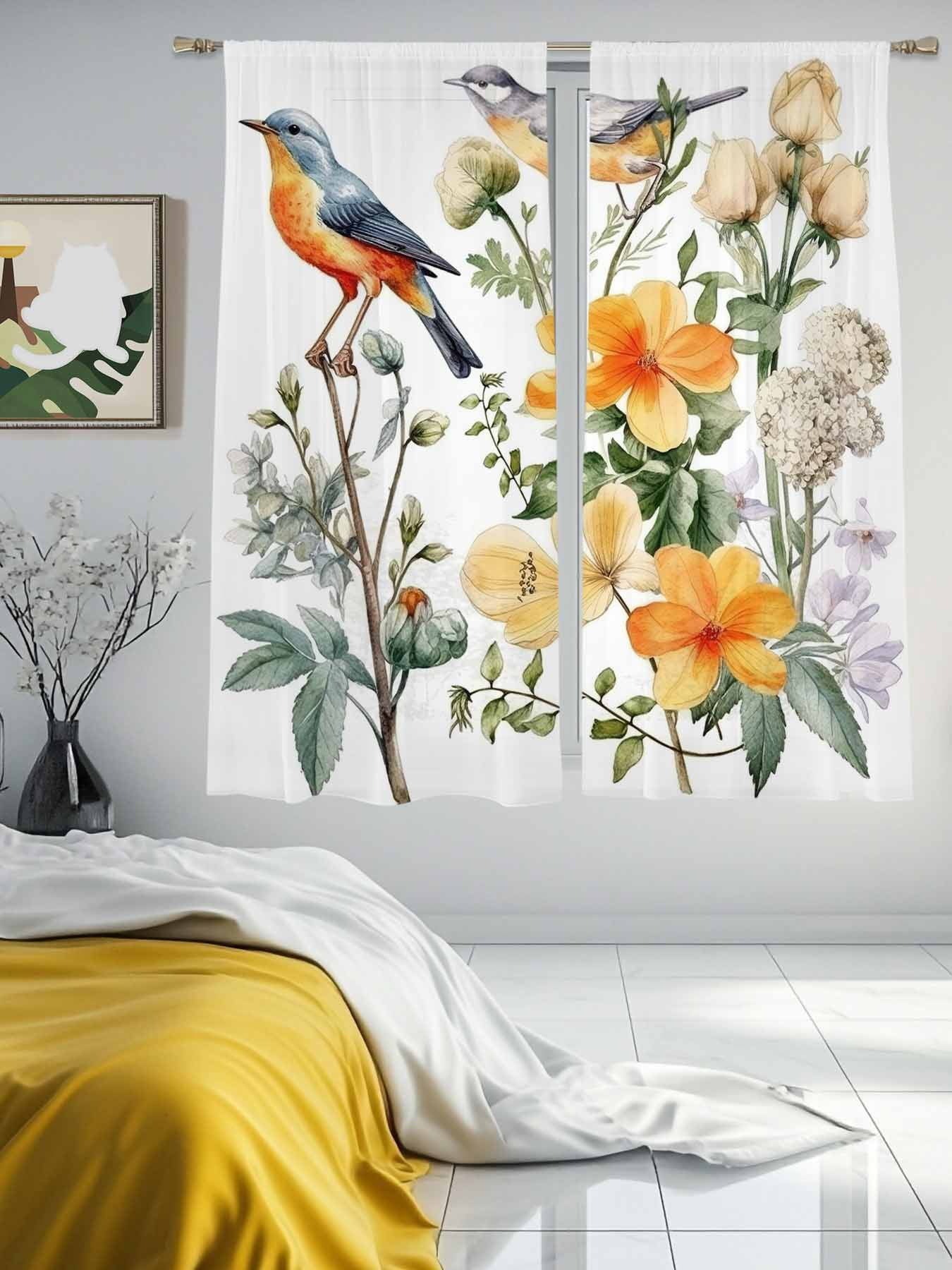 Spring Watercolor Sheer Curtains 63 inches Long 2 Panels Set Vintage ...