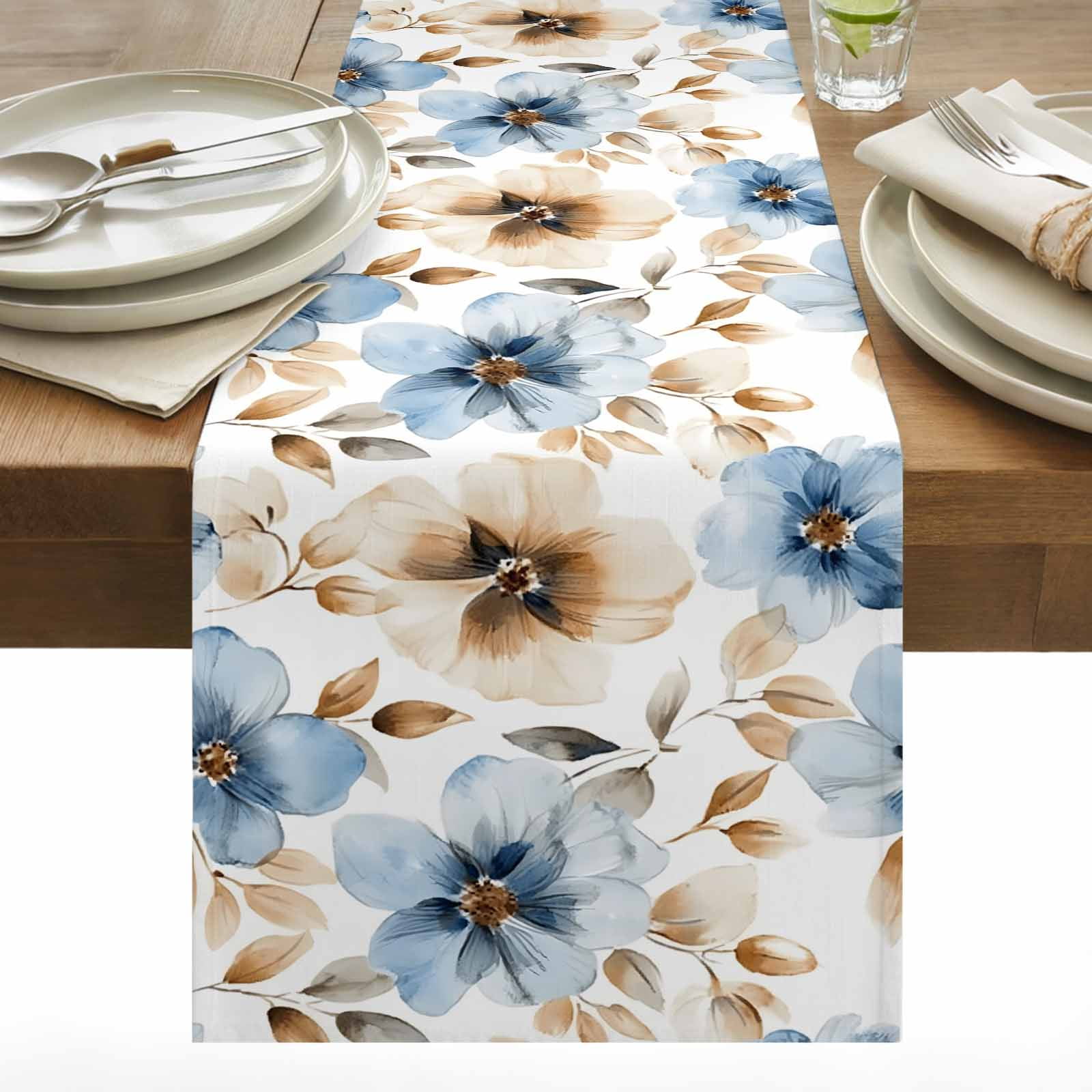 Spring Watercolor Table Runner 13x36 inch Brown Blue Flower Garden ...